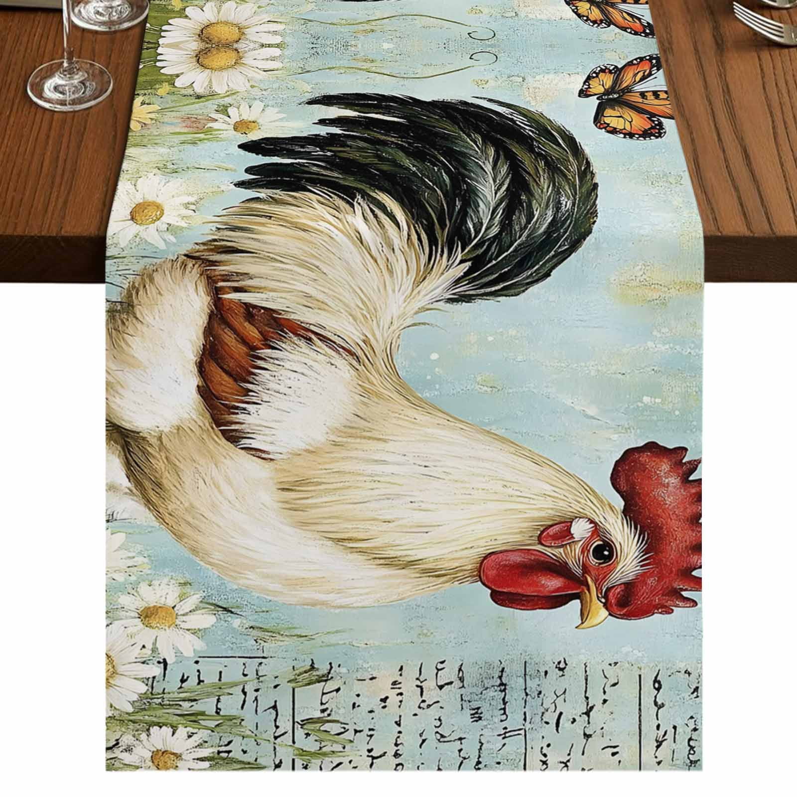 White Spring Floral Rooster 36 Inch Table Runner, Retro Rooster ...