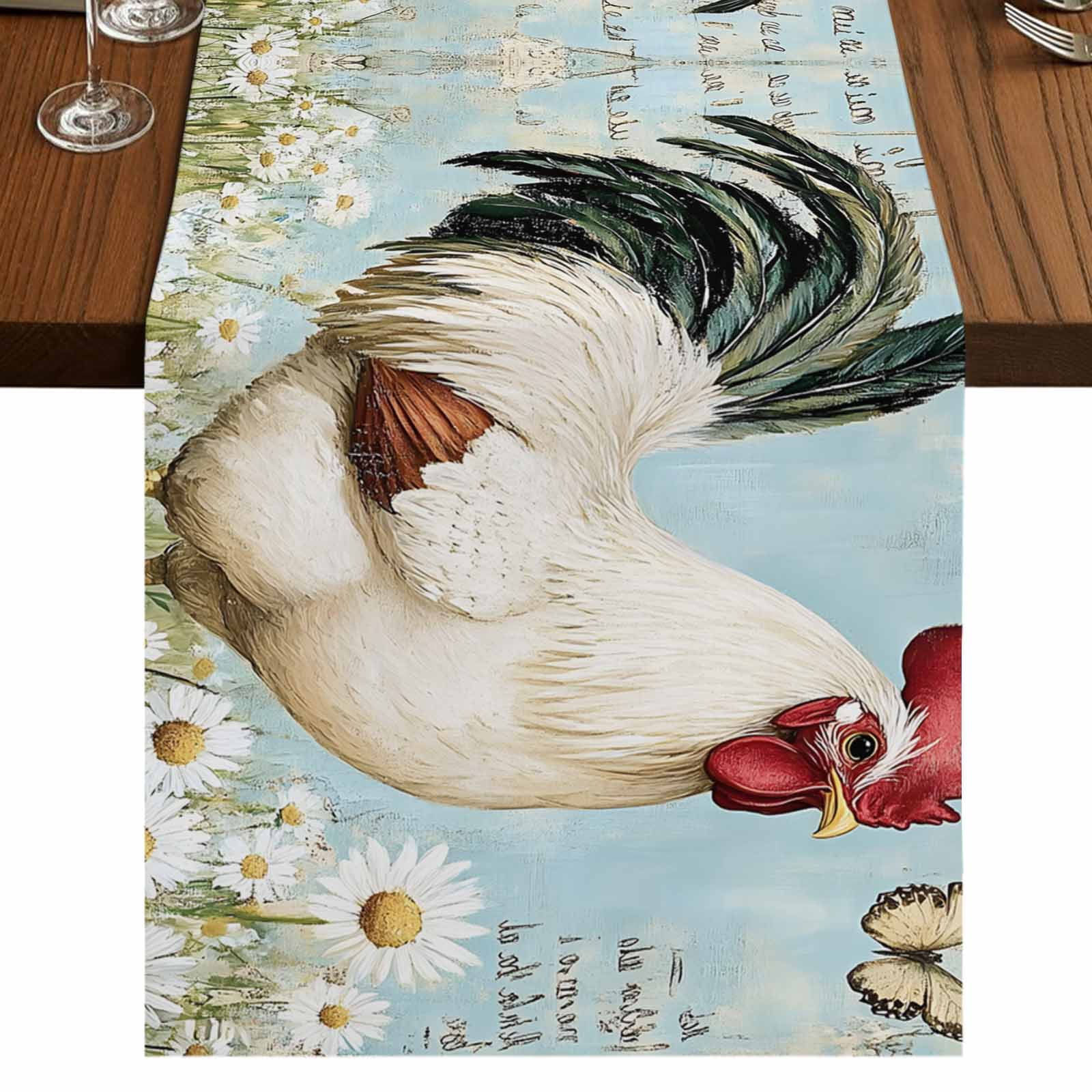 White Spring Floral Rooster 90 Inch Table Runner, Vintage Rooster ...