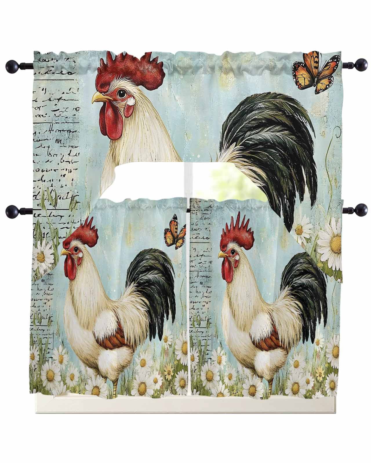 White Spring Floral Rooster Kitchen Curtains Sets 24 Inch Length with ...
