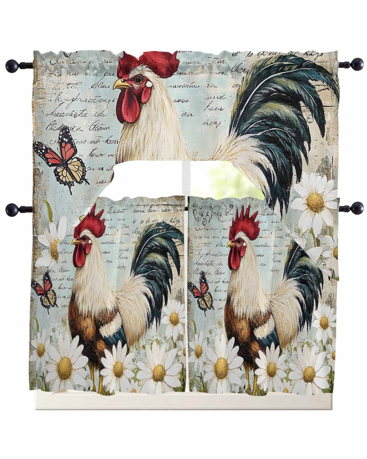 White Spring Floral Rooster Kitchen Curtains Sets 36 Inch Length with ...
