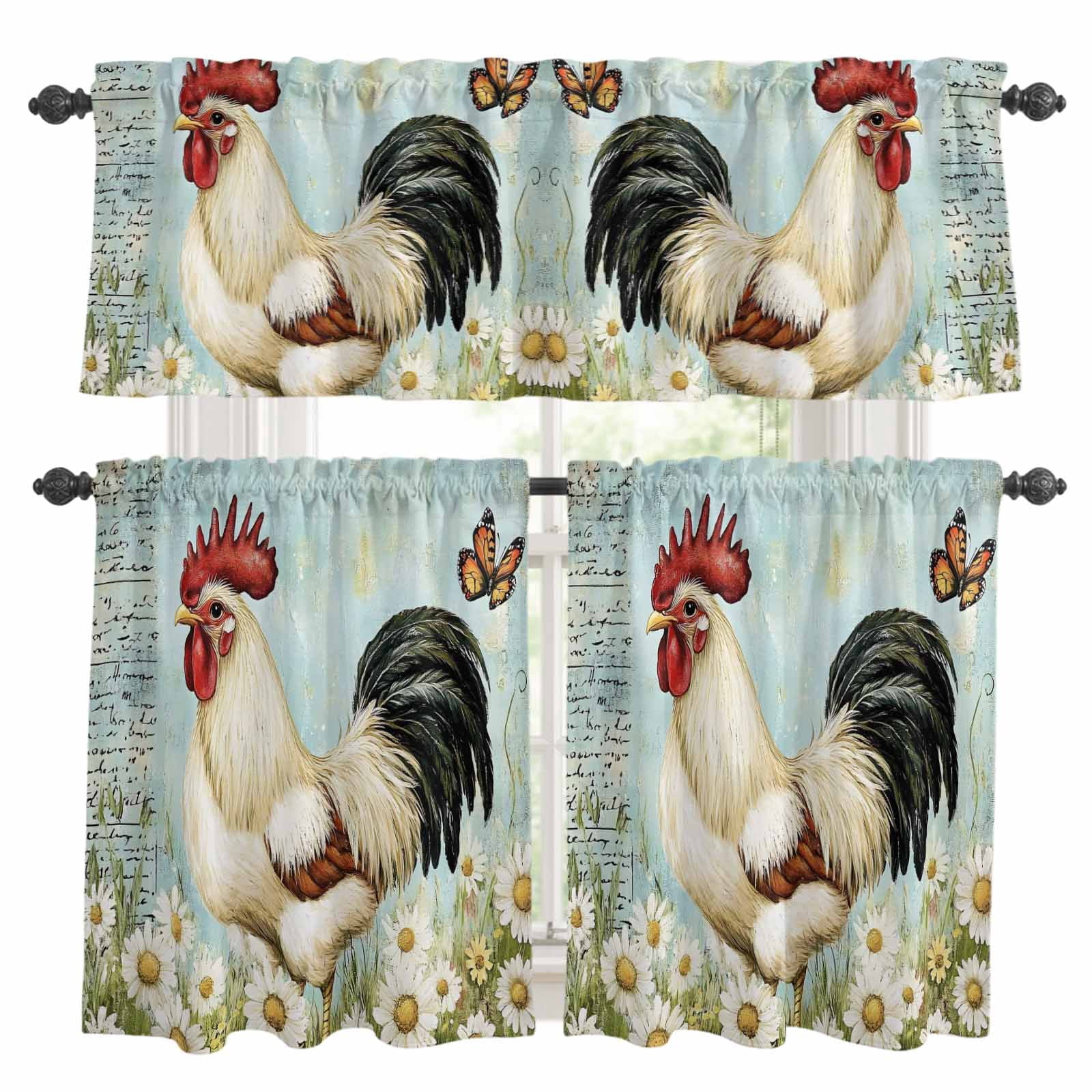 White Spring Floral Rooster Kitchen Curtains Sets for Windows 24 Inch ...