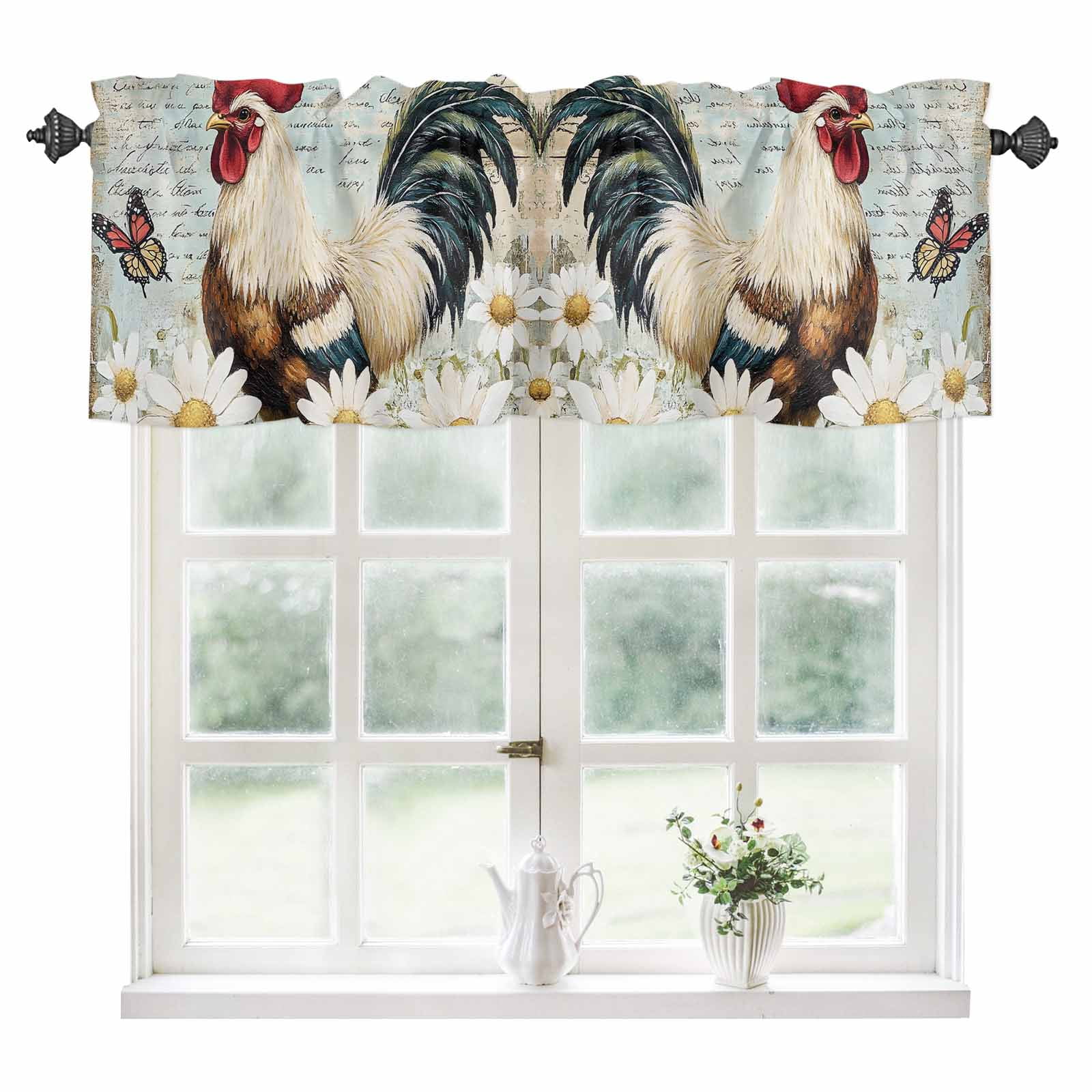 White Spring Floral Rooster Kitchen Valances for Windows 60x18 Inch ...
