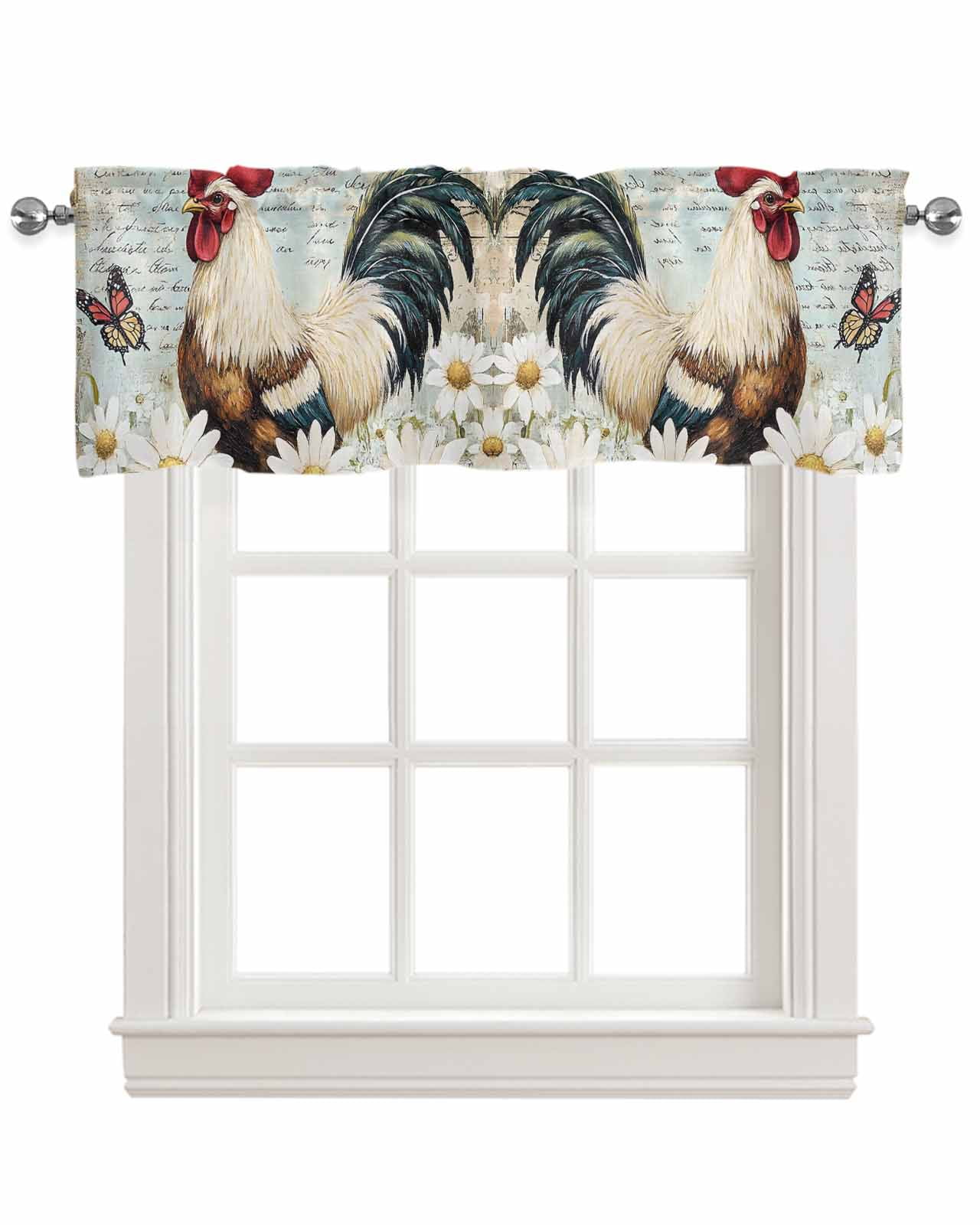 White Spring Floral Rooster Kitchen Valances for Windows Farmhouse ...