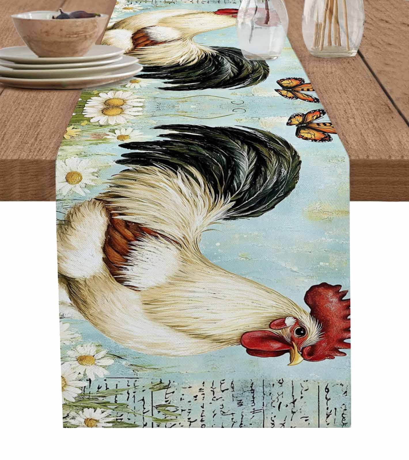White Spring Floral Rooster Table Runner 72 Inches, Retro Rooster ...