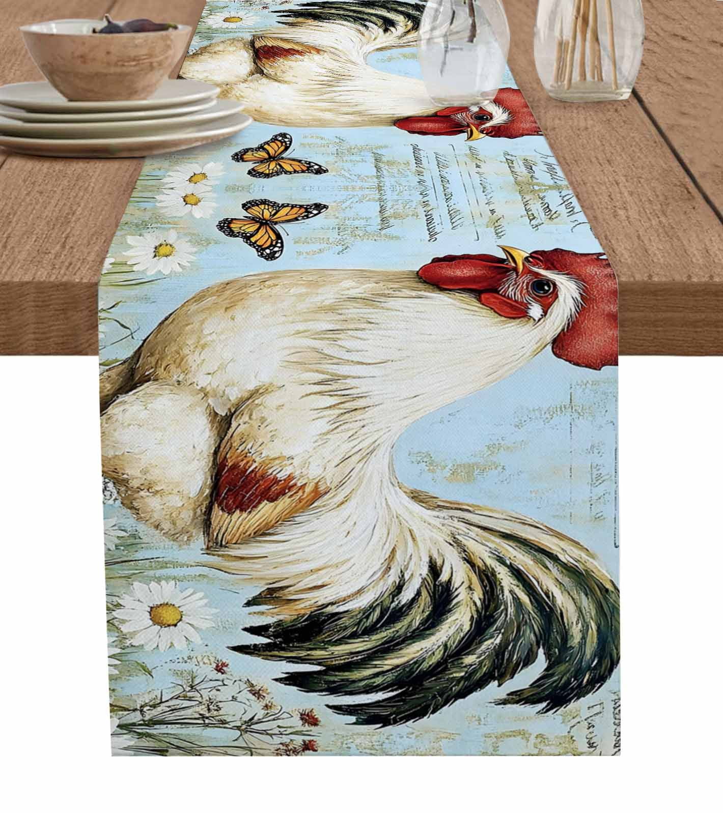 White Spring Floral Rooster Table Runner 72 Inches, Retro Rooster ...