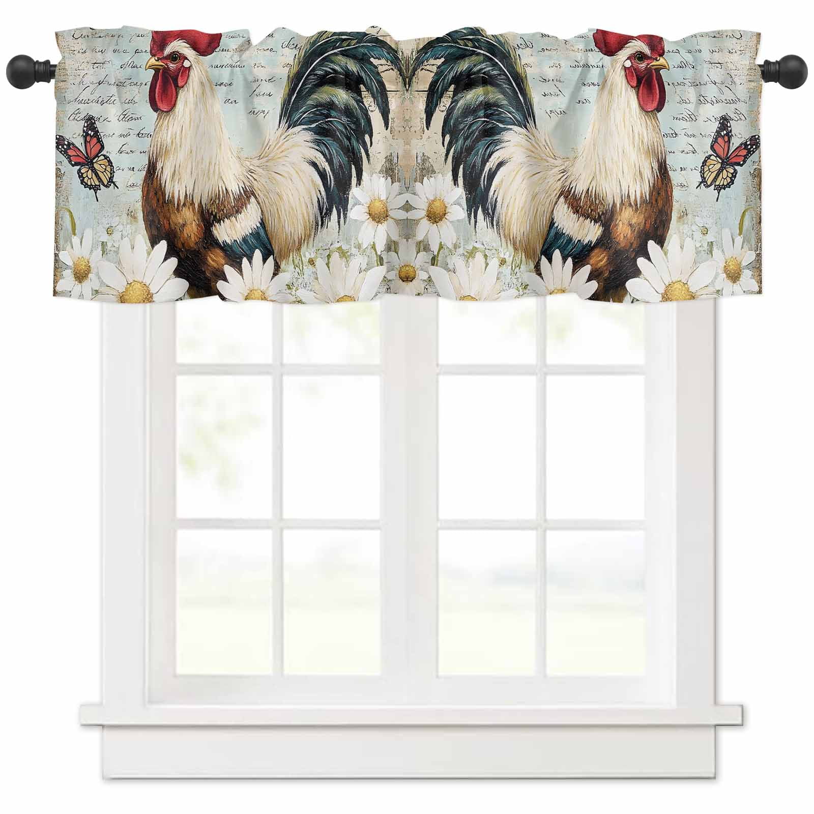 White Spring Floral Rooster Valances for Windows Farmhouse Kitchen ...