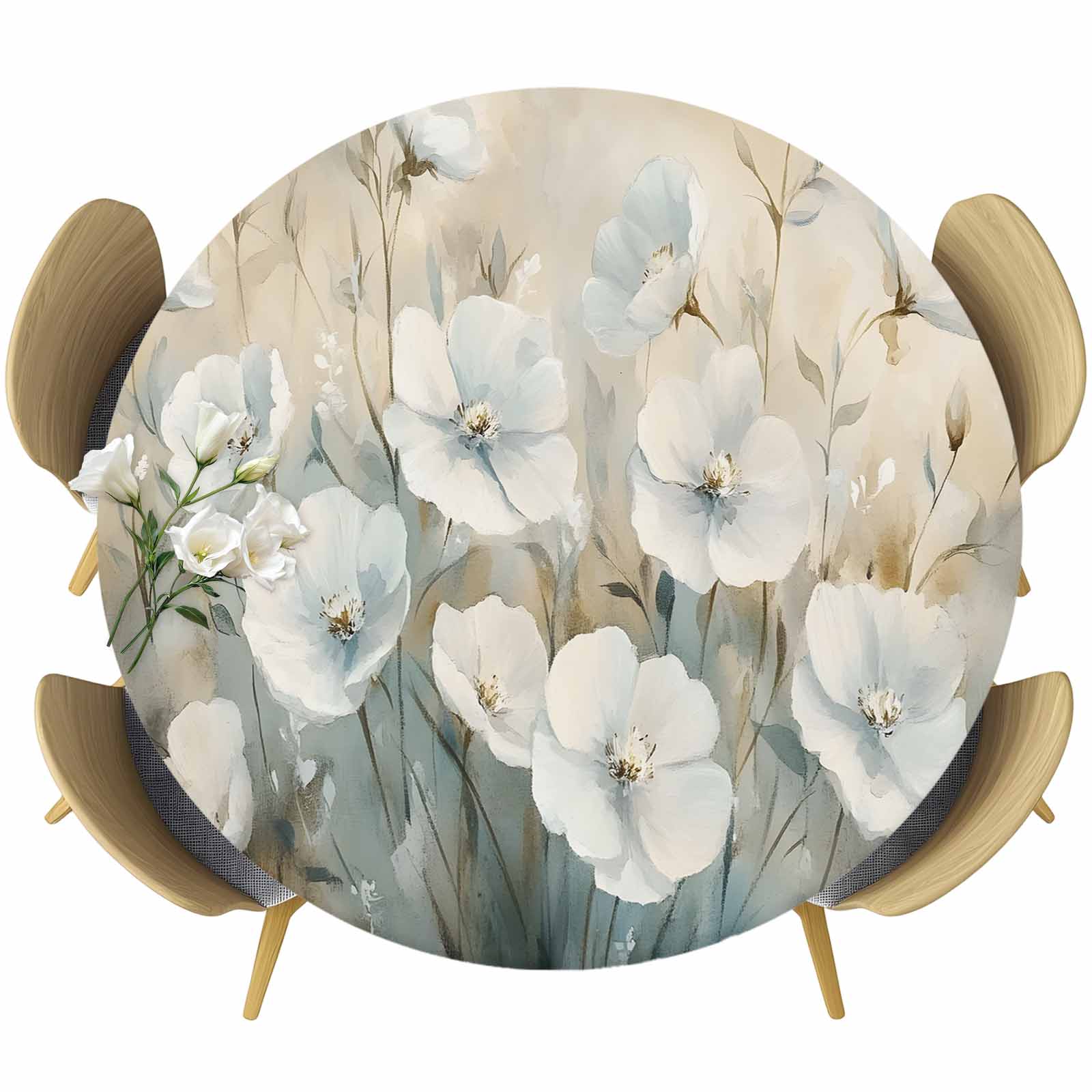 White Spring Floral Round Tablecloth 45-54 Inch Round Fitted Table ...