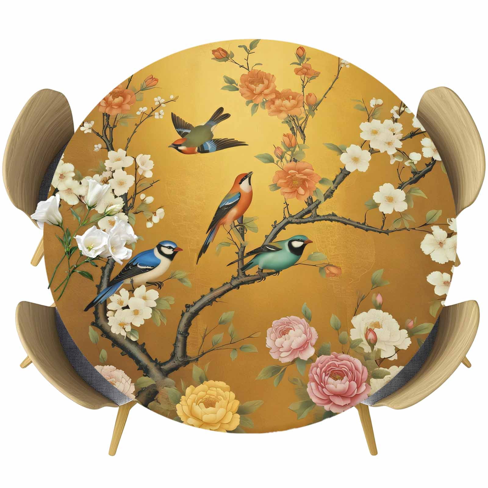 White Spring Floral Round Tablecloth, Fitted Table Cover with Elastic ...