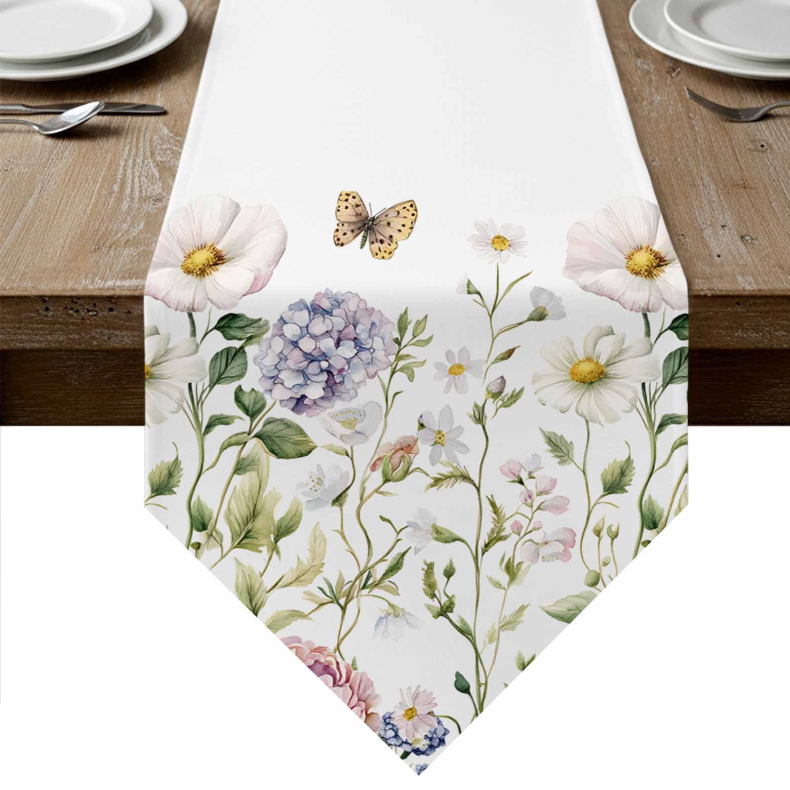 White Spring Floral Table Runner Linen Burlap Table Runner 72 Inches ...