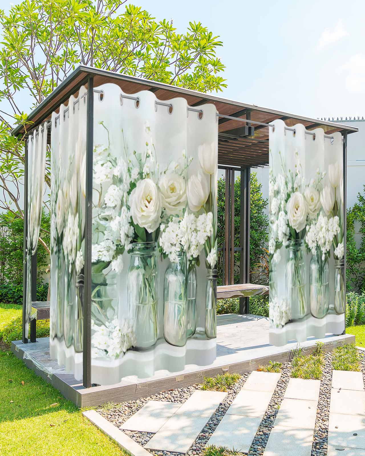 White Spring Flower Outdoor Curtains for Patio, Modern Floral Plants in ...