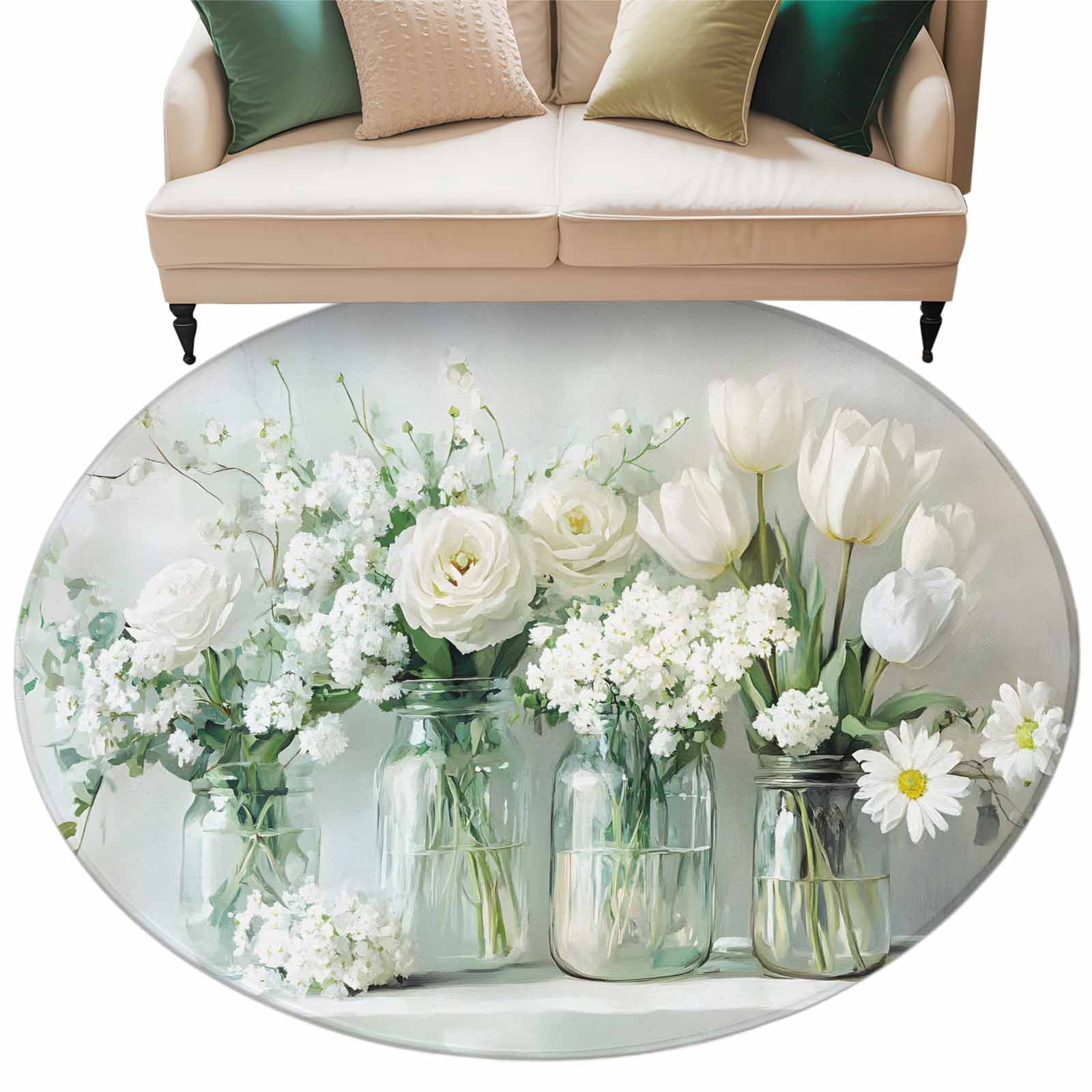 White Spring Flower Round Area Rug 5ft Modern Floral Plants in Vase Non ...