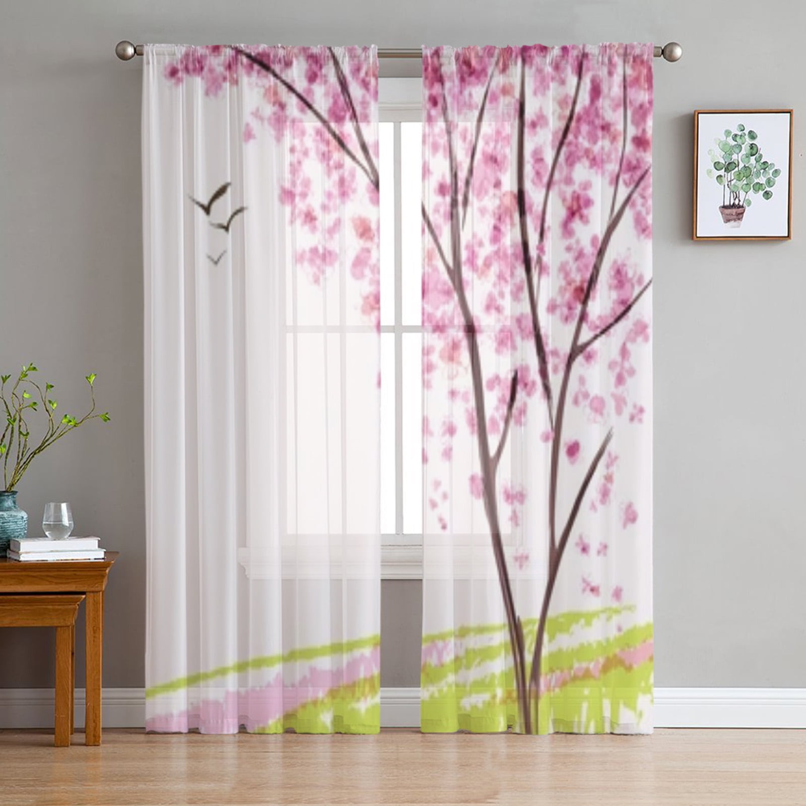 White Spring Flower Tree Branch Green Shallow Sheer Curtains for Living ...