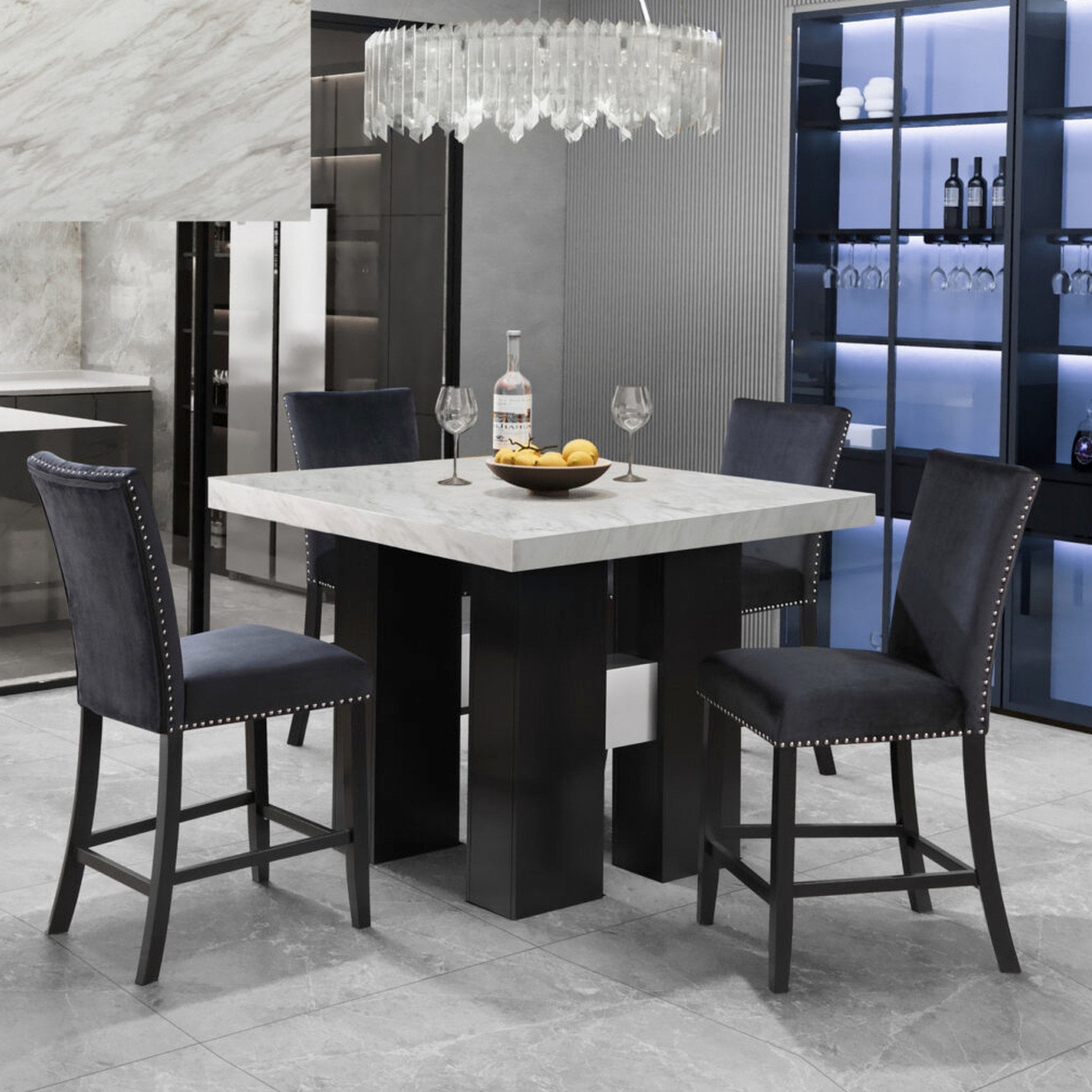 White Square Bar Table with 4 Solid-Back Upholstered Bar Chairs - Ideal ...