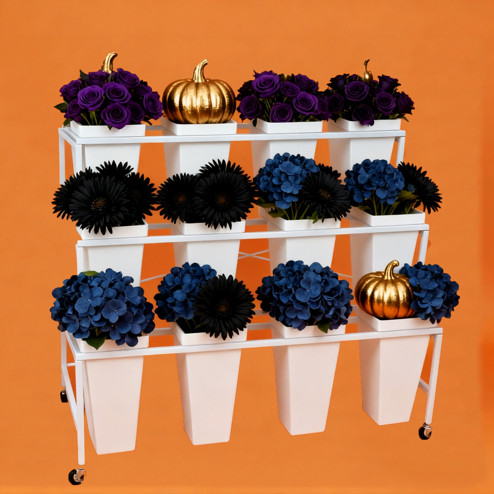 White Square Flower Display Stand With 12PCS Buckets,3 Layers Plant ...