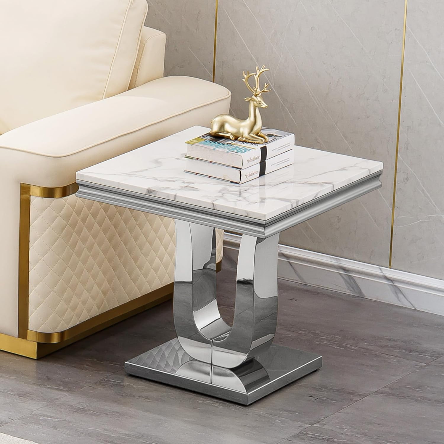 White Square Marble End Side Table, Modern Silver End Table with U ...