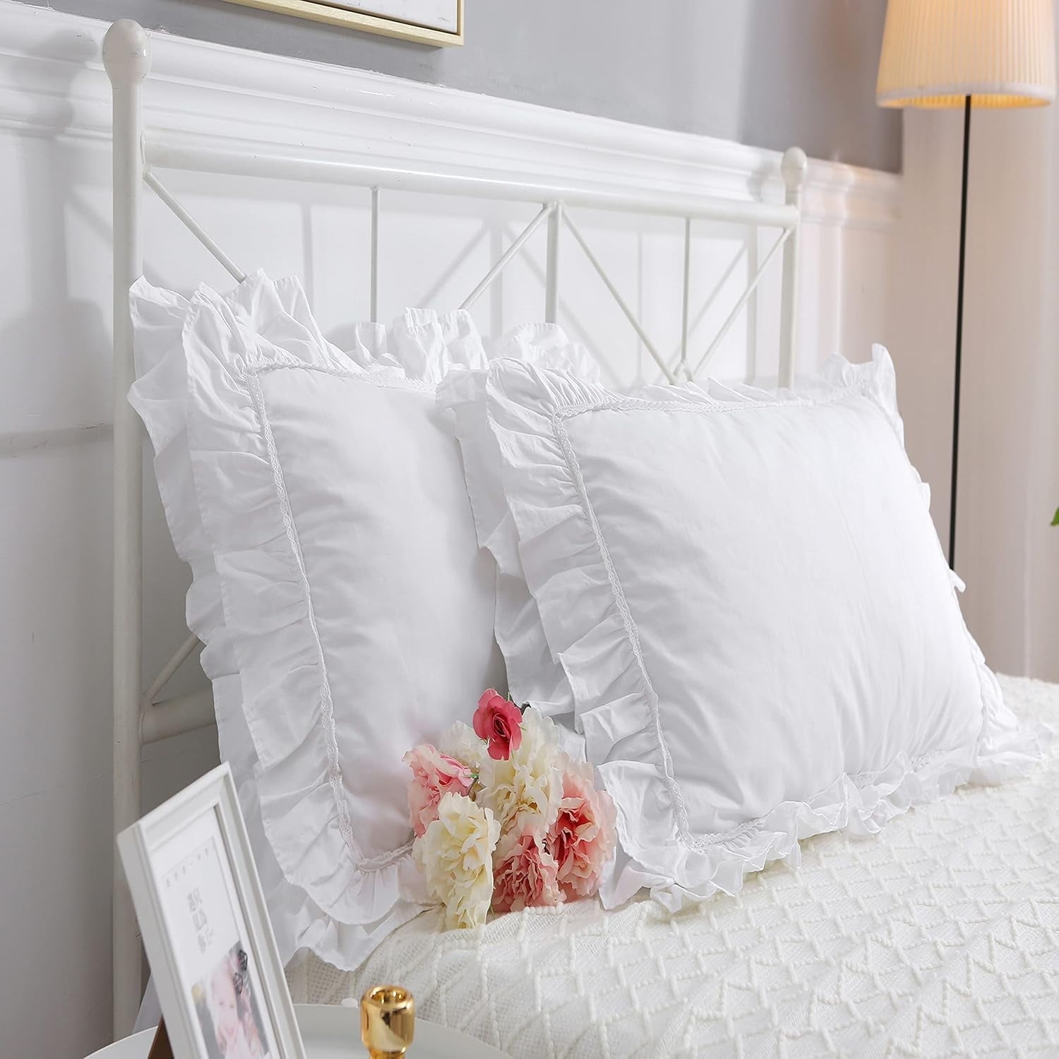 White Square Pillow Shams with 2 lays Lace and Ruffles Around Cotton ...