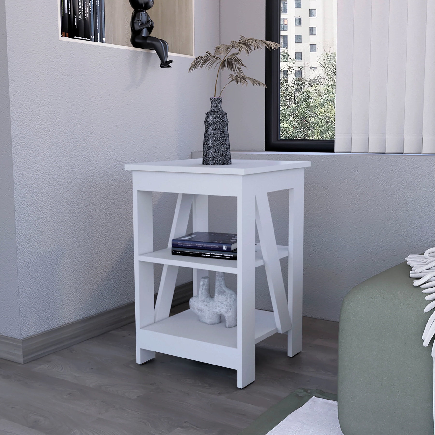 White Square Wood Side Table with Shelves | Enhance Living Room with ...