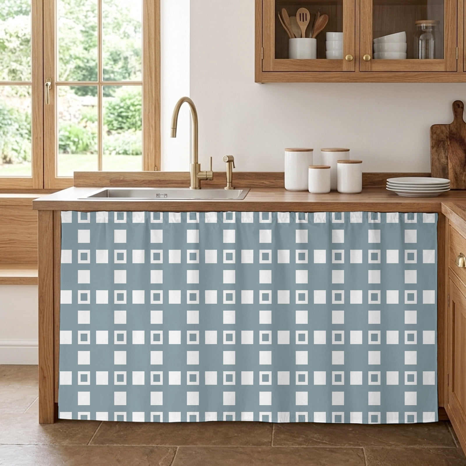 White Squares Cabinet Curtains for Kitchen 28"W x 51"L, Minimalist Grid ...