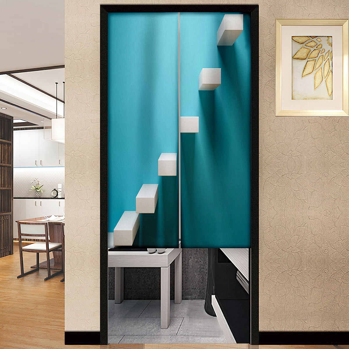 White Stairs Blue Background Simple Door Curtain Dust Proof Partition ...