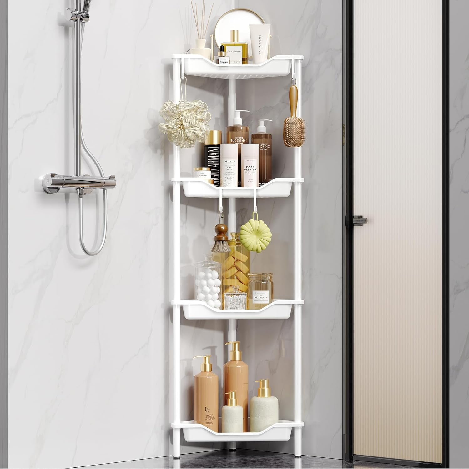 White Standing Shower Caddy, 4 Tier Floor Standing Corner Shower Caddy ...