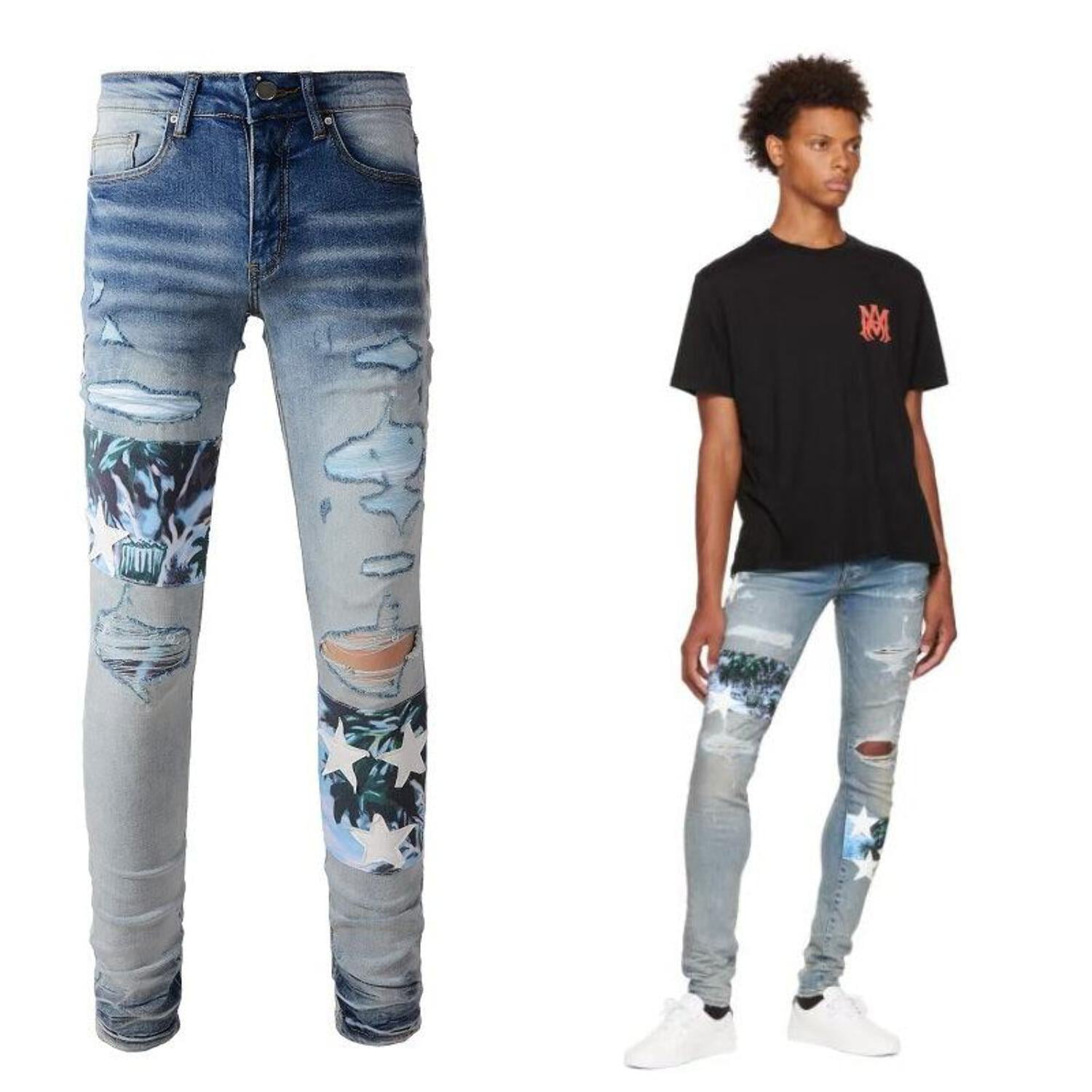 White Star Printed Patch Torn Jeans For Men - Walmart.com