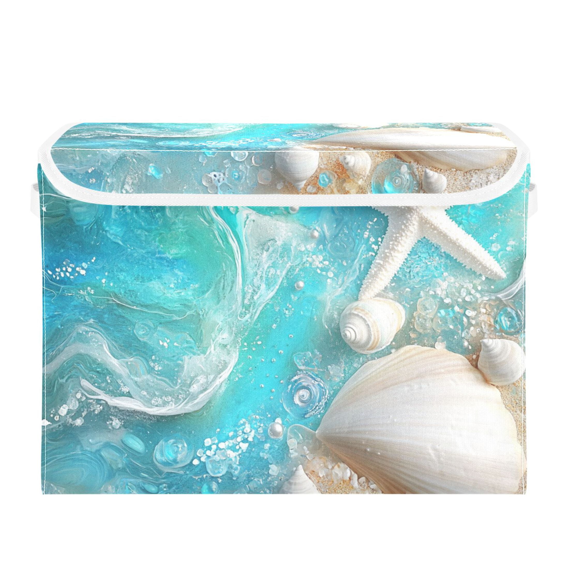 White Starfish Shells Blue Sea Foldable Storage Bin with Lid and Handle ...