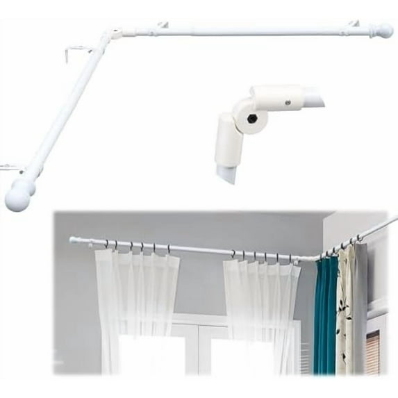 White Steel Corner Curtain Rod, 30-136 Inch, Adjustable, Wall Mounted ...