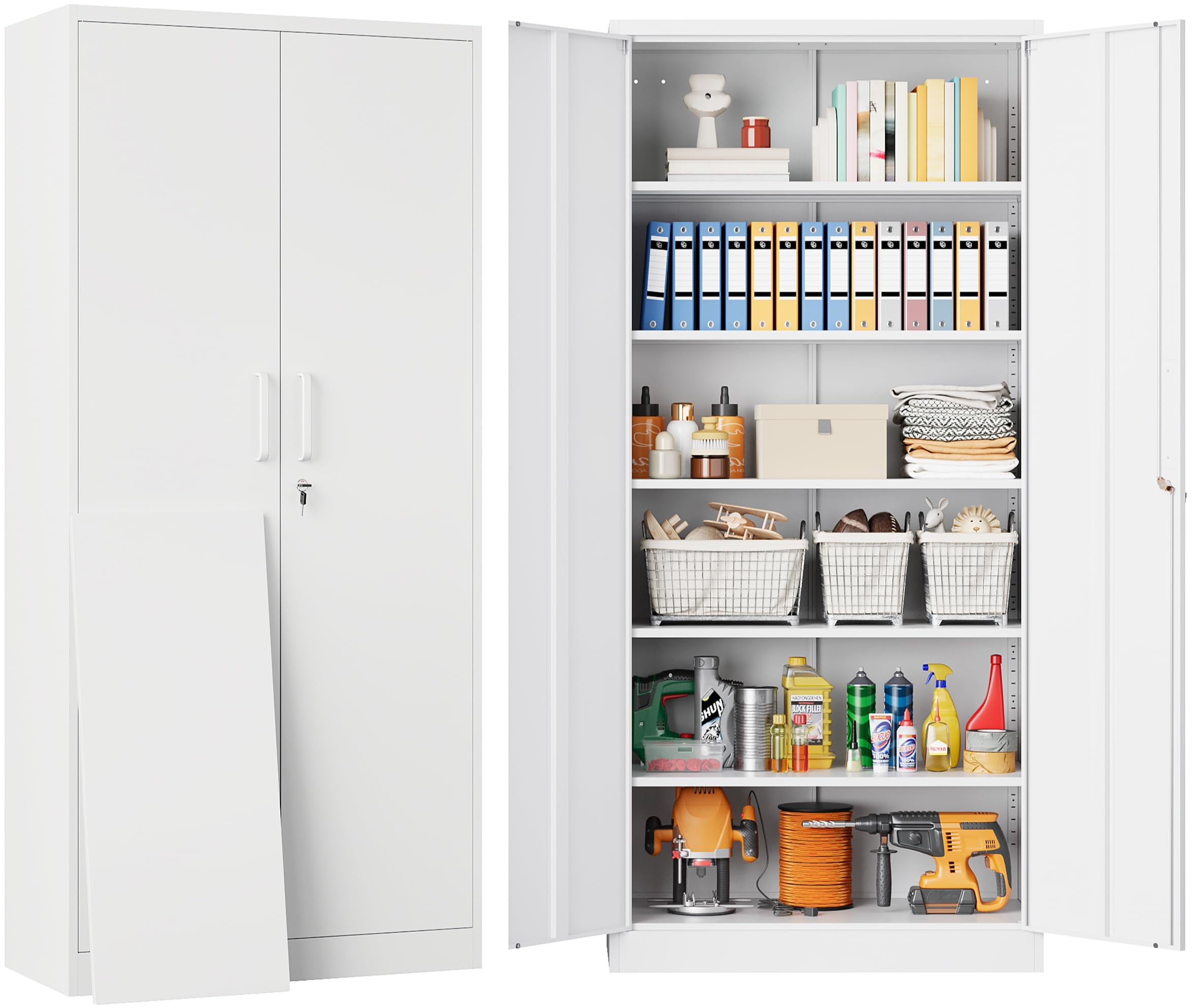 White Steel Storage Cabinet 5 Adjustable Shelves Lockable 3-Point ...