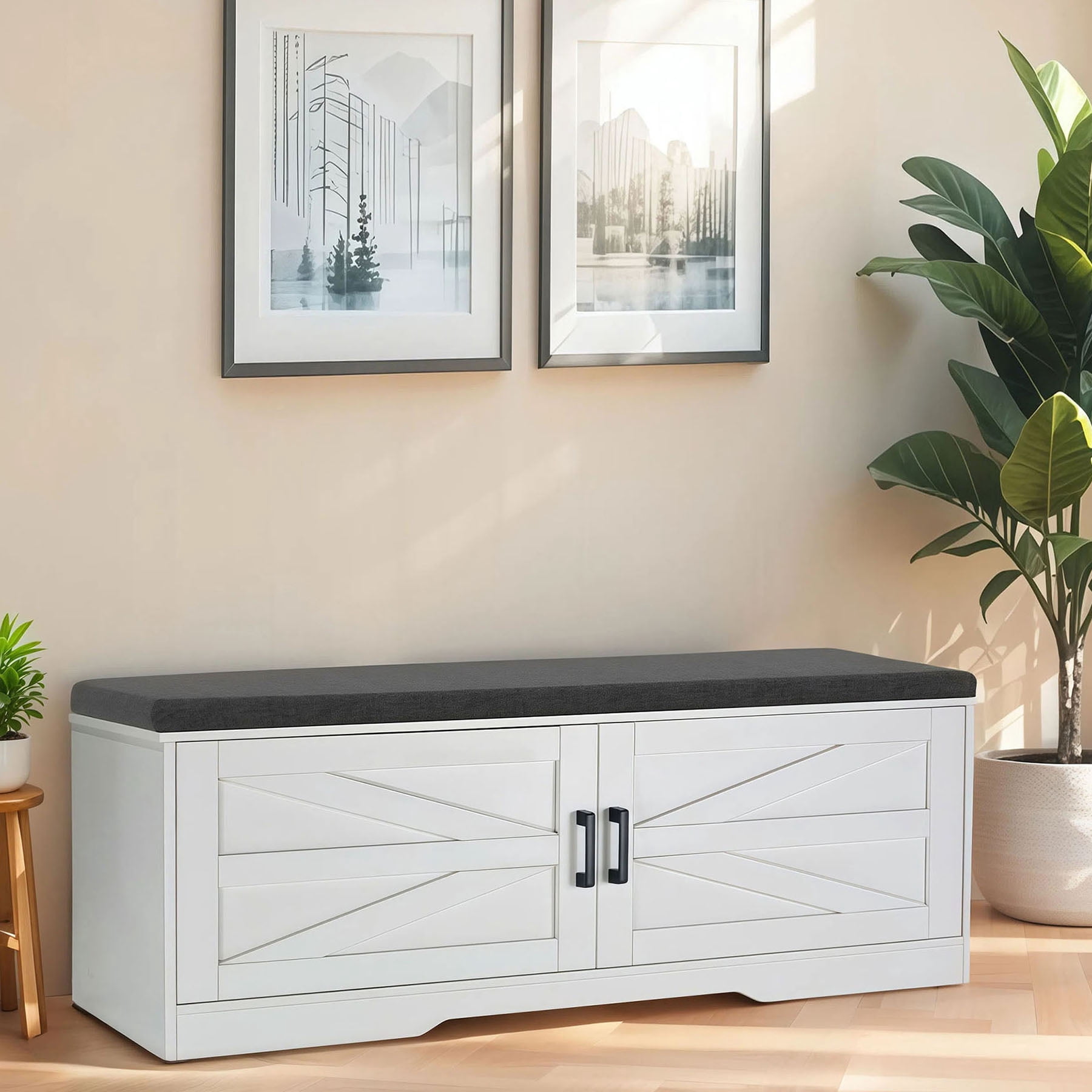 White Storage Bench With Padded Seat Cushion, 2 Adjustable Shelves For ...