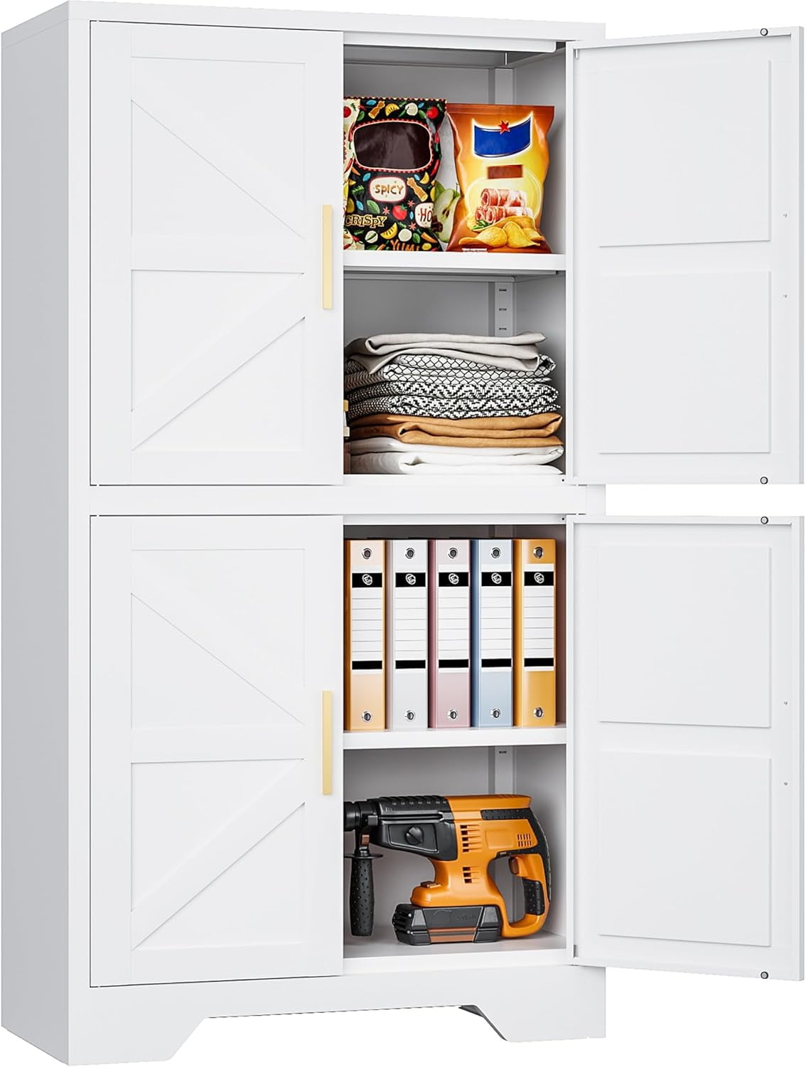 White Storage Cabinet with 4 Doors and 2 Adjustable Shelves,Farmhouse ...