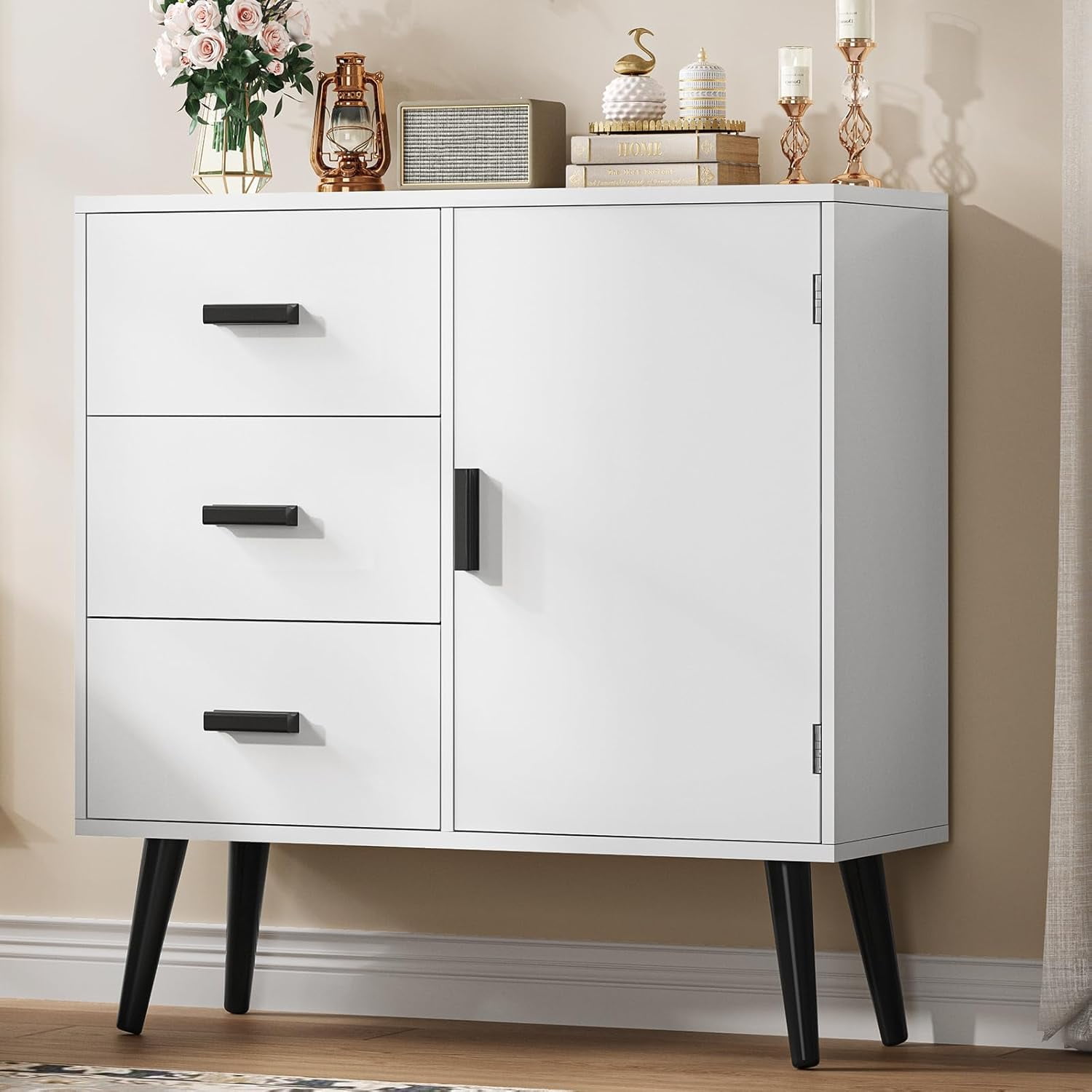 White Storage Cabinet with Adjustable Shelf & 3 Drawers, Small Bathroom ...