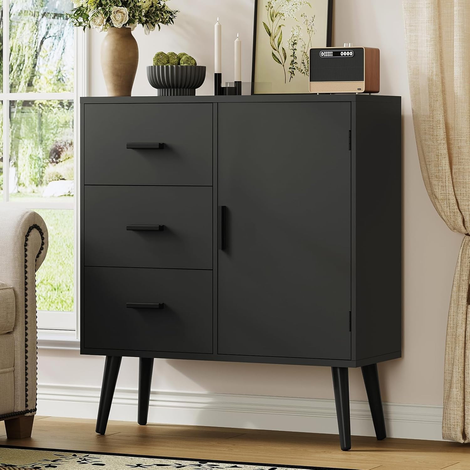 White Storage Cabinet with Adjustable Shelf & 3 Drawers, Small Bathroom ...