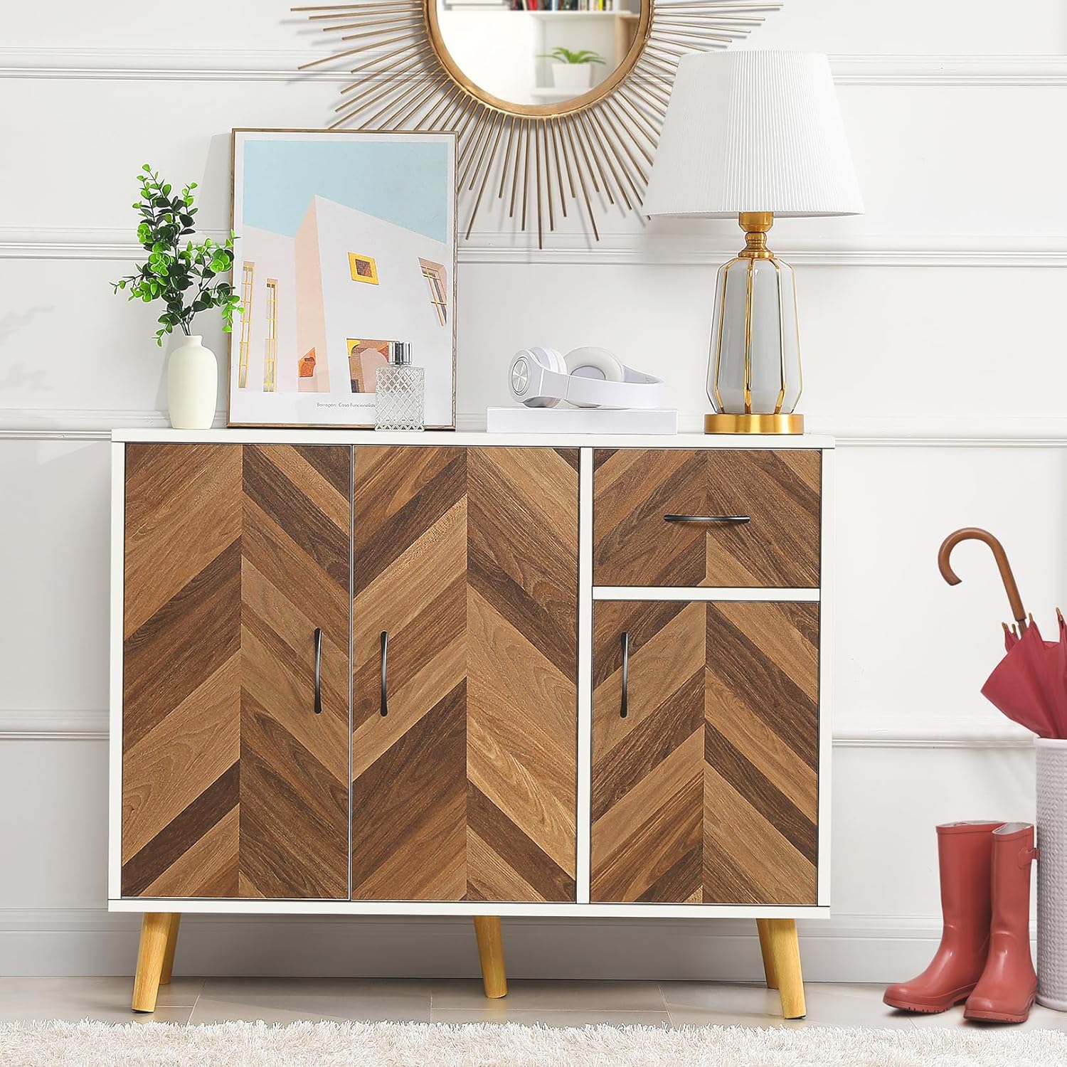 White Storage Cabinet with Drawer and Shelves, Modern Sideboard Buffet ...