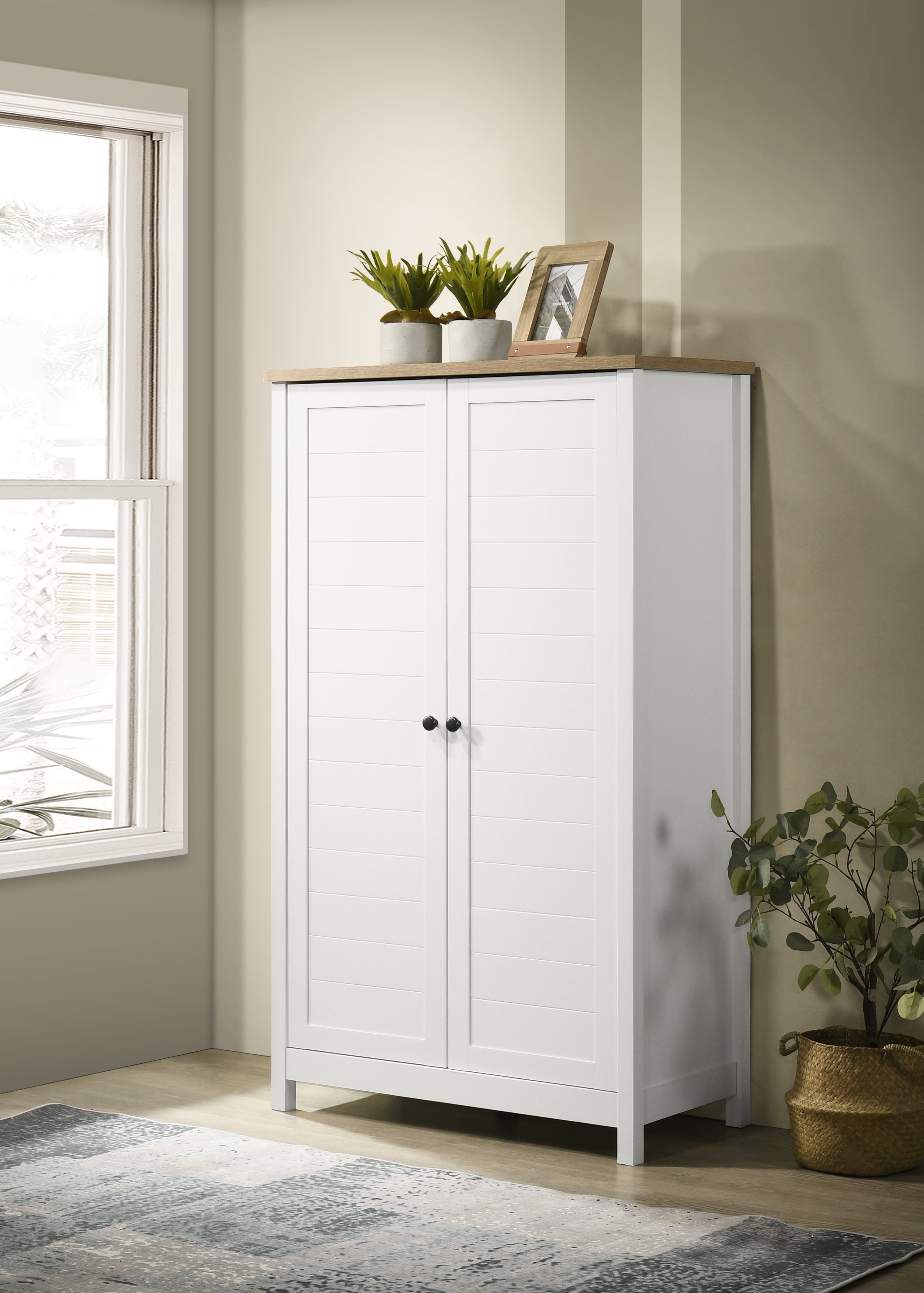 White Storage Cabinet with Oak Accent | Framed Slatted Doors ...