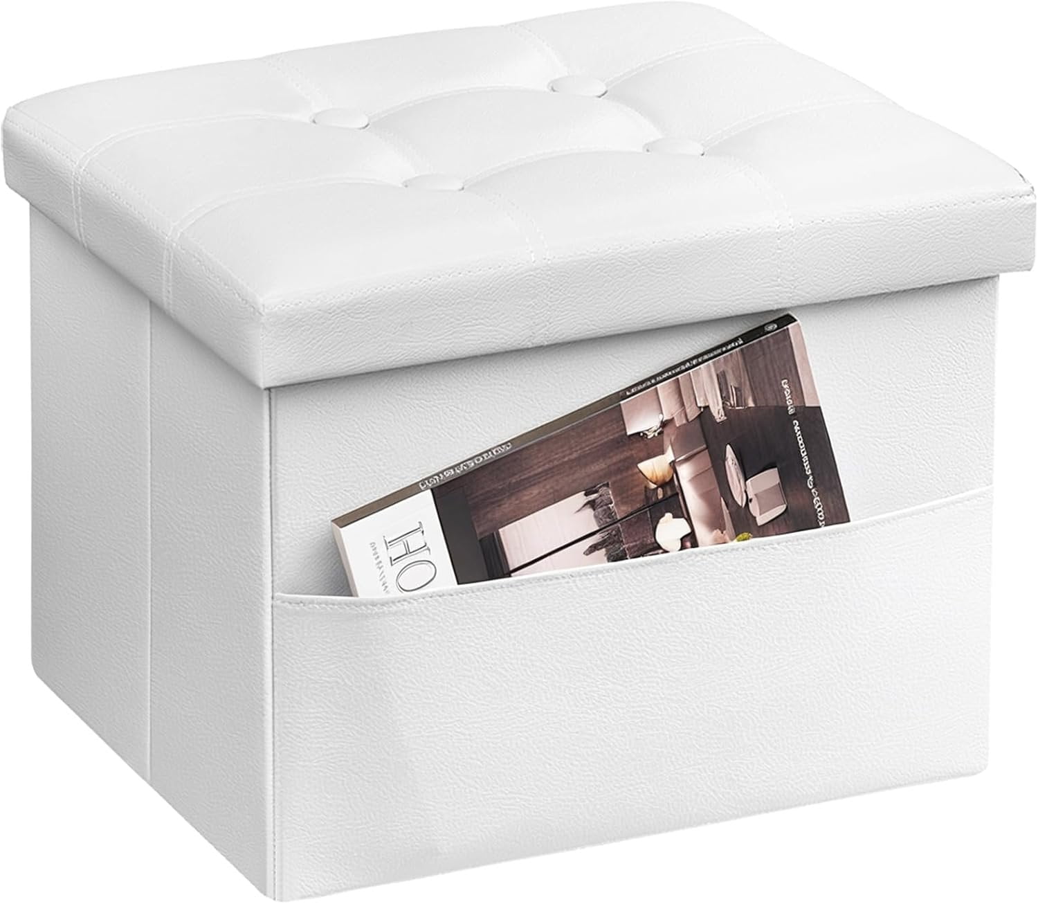 White Storage Ottoman Folding Foot Rest Stool with Side Pocket, 16 inch ...