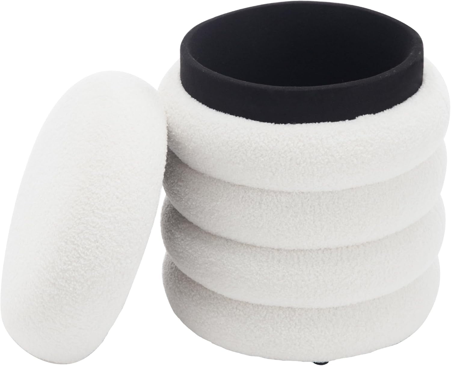 Round Storage Ottoman Footstool, Plush Sherpa Upholstered Foot Rest ...