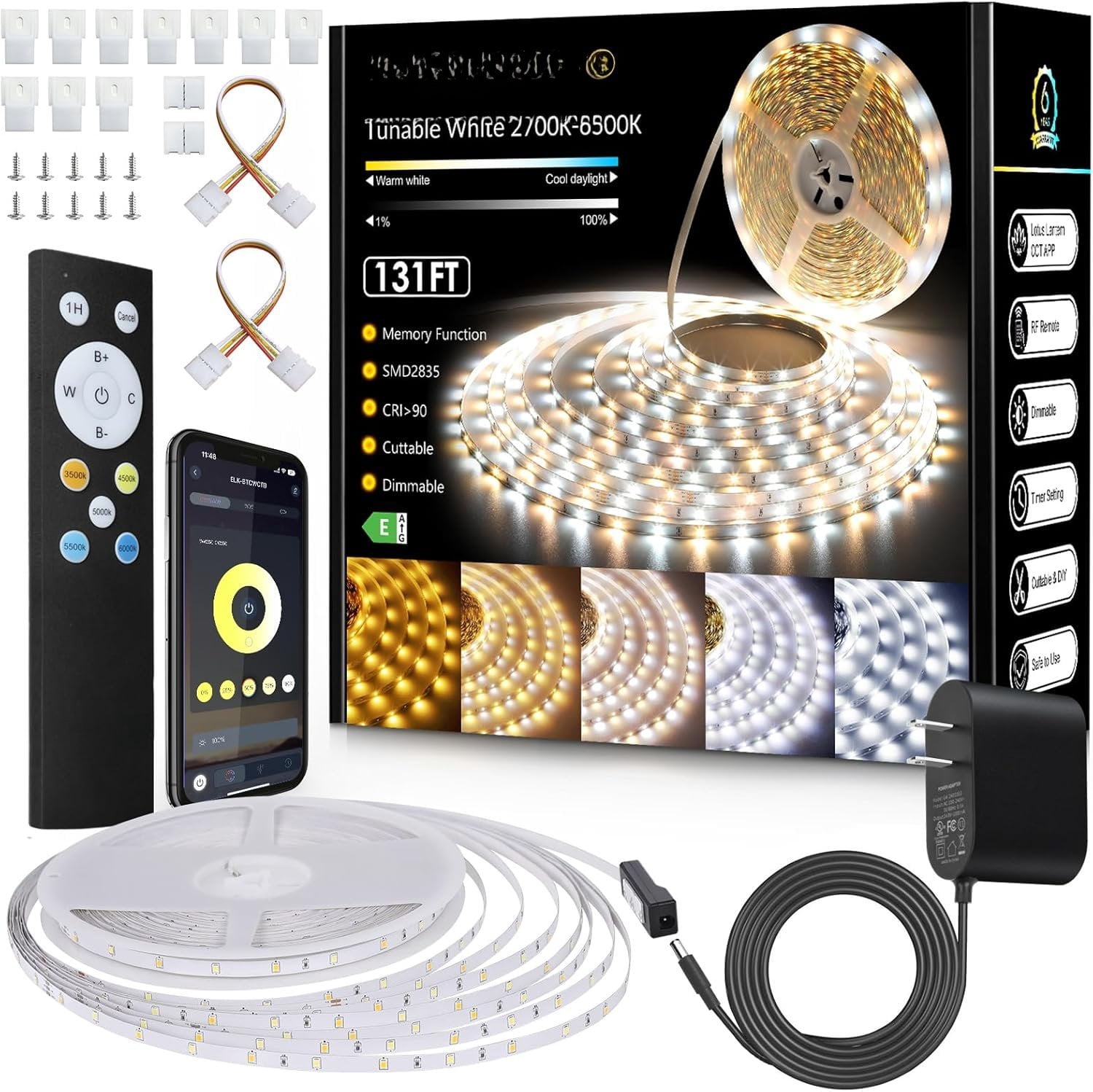 White Strip Lights, Dimmable Bright 24V Flexible Tape Light with Remote ...