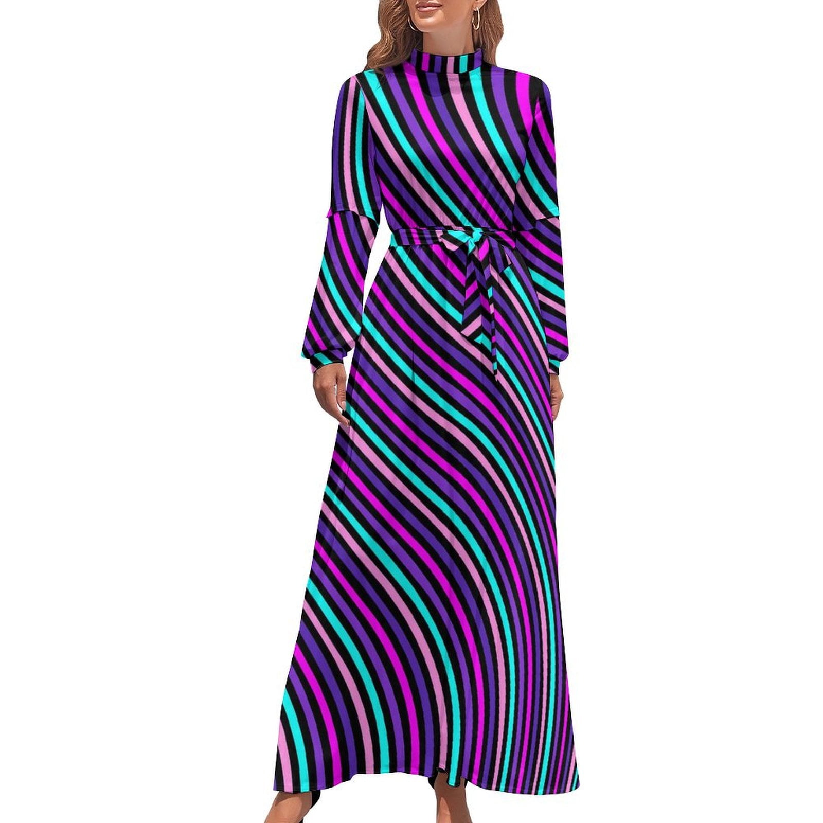 White Striped Dress Abstract Art Print Elegant Maxi Dress Street Style ...