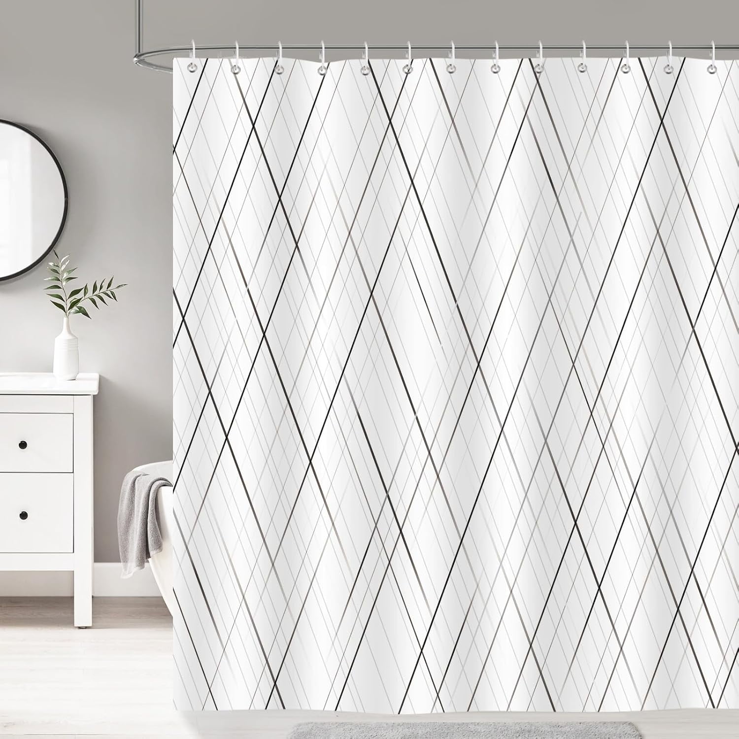 White Striped Shower Curtain Geometric Line Patterned Shower Curtain ...