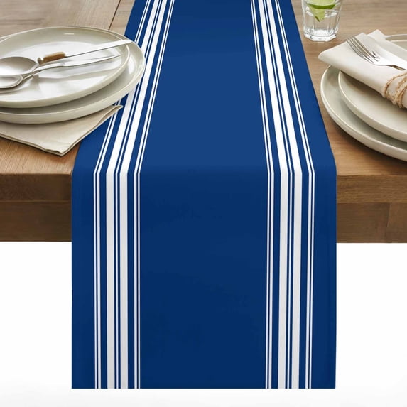 White Stripes Table Runner 13x36 inch Geometric Blue Background Cotton ...