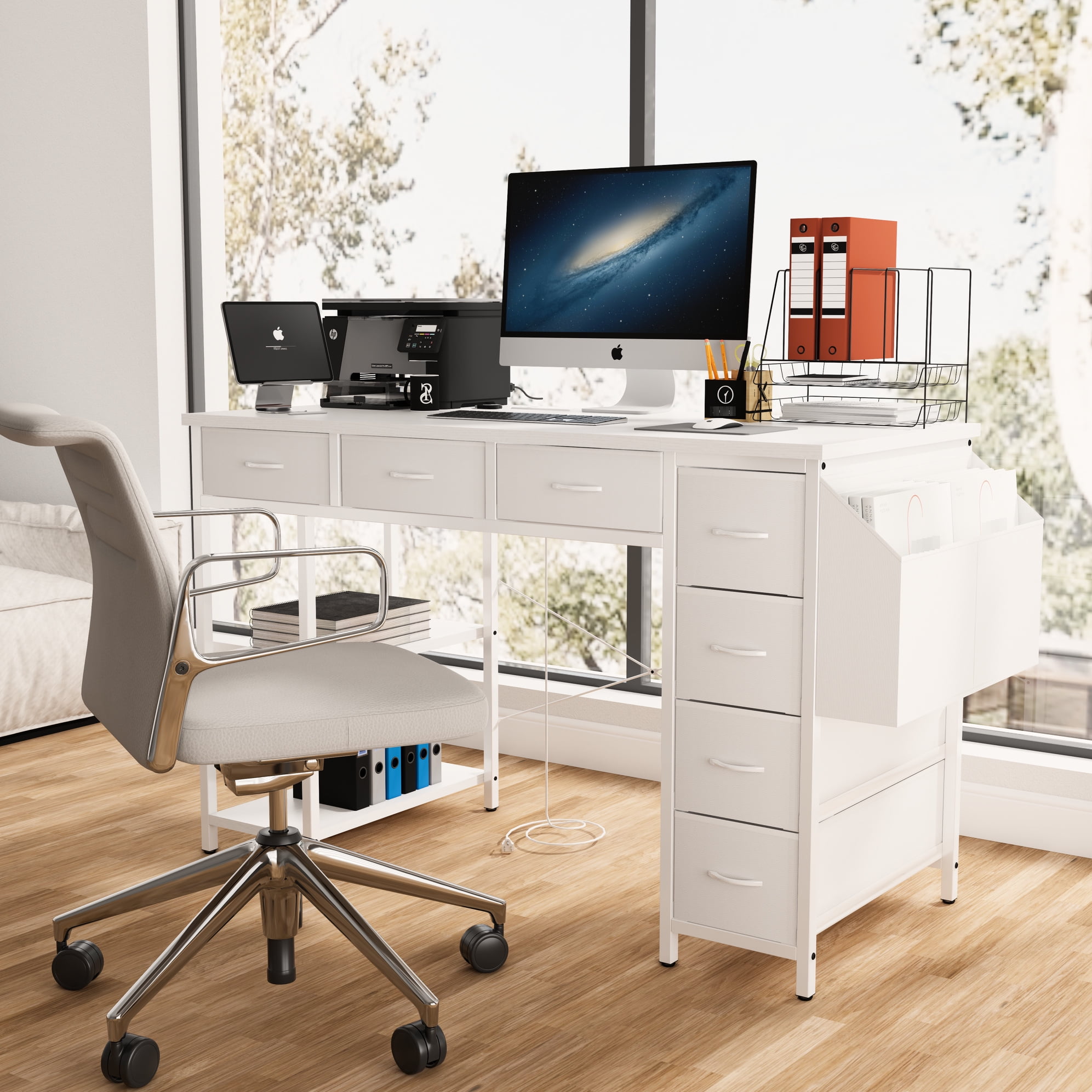 White Study Desk With Power Outlet And 7 Fashion Forward Storage Drawers, Modern Rectangular ...