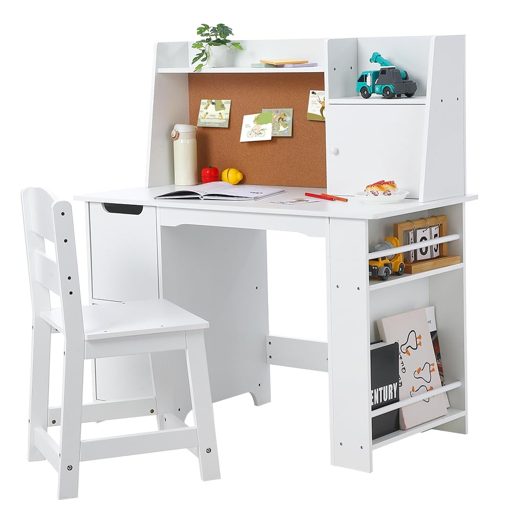 White Study Desk and Chair Set - Includes Bookshelf, Bulletin Board ...
