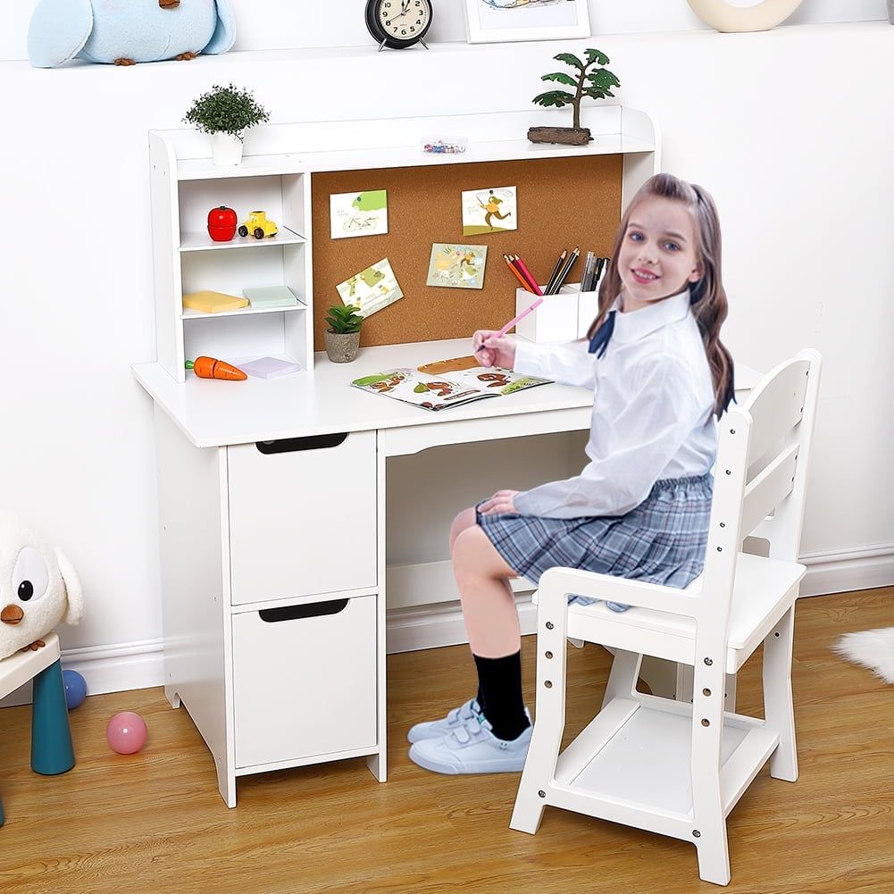 White Study Desk and Chair Set with Bookshelf, Bulletin Board, and ...
