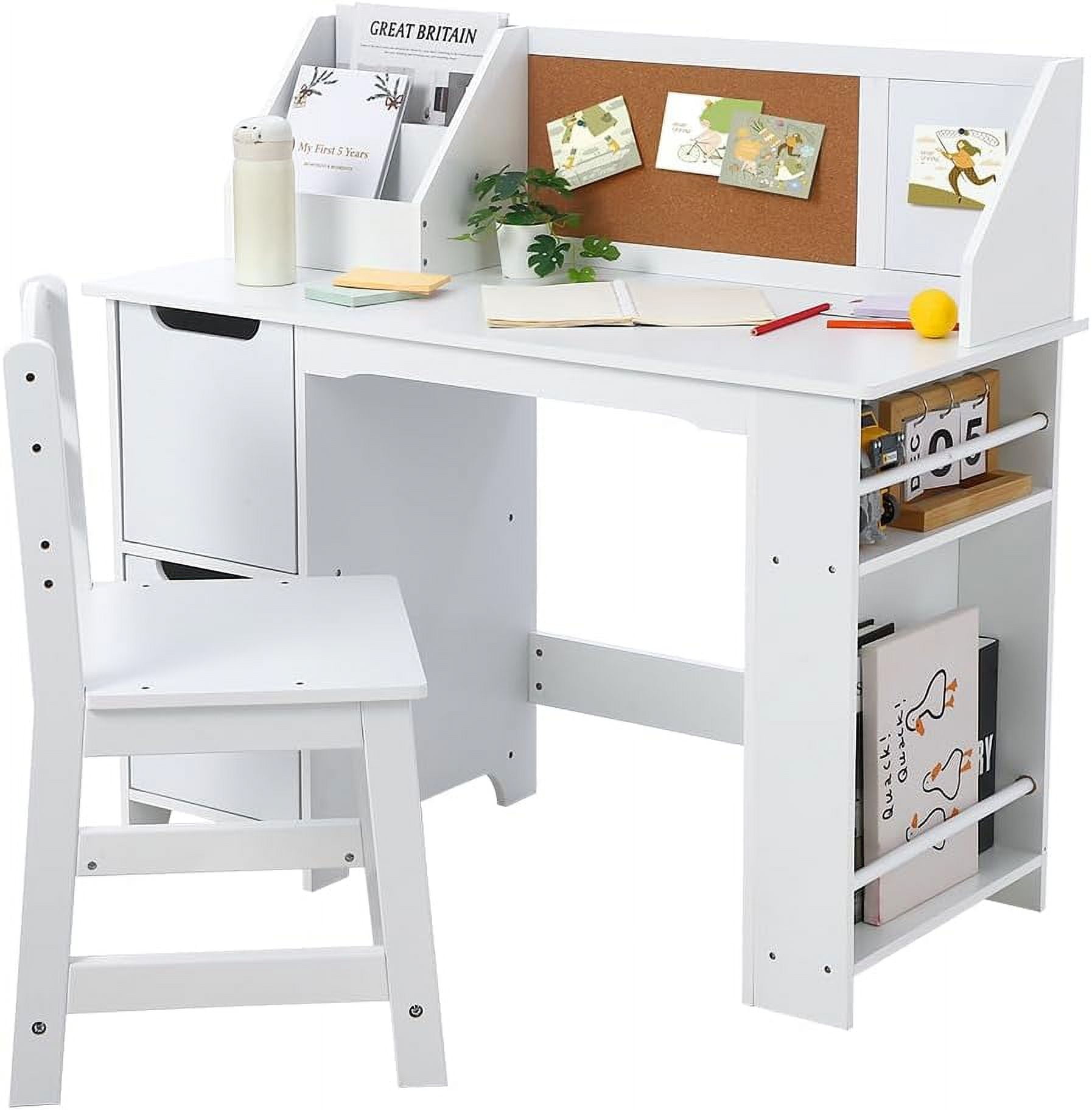 White Study Desk and Chair Set with Bookshelf Bulletin Board and Cabinets Ideal for Boys and Girls Ages 3 8 Walmart