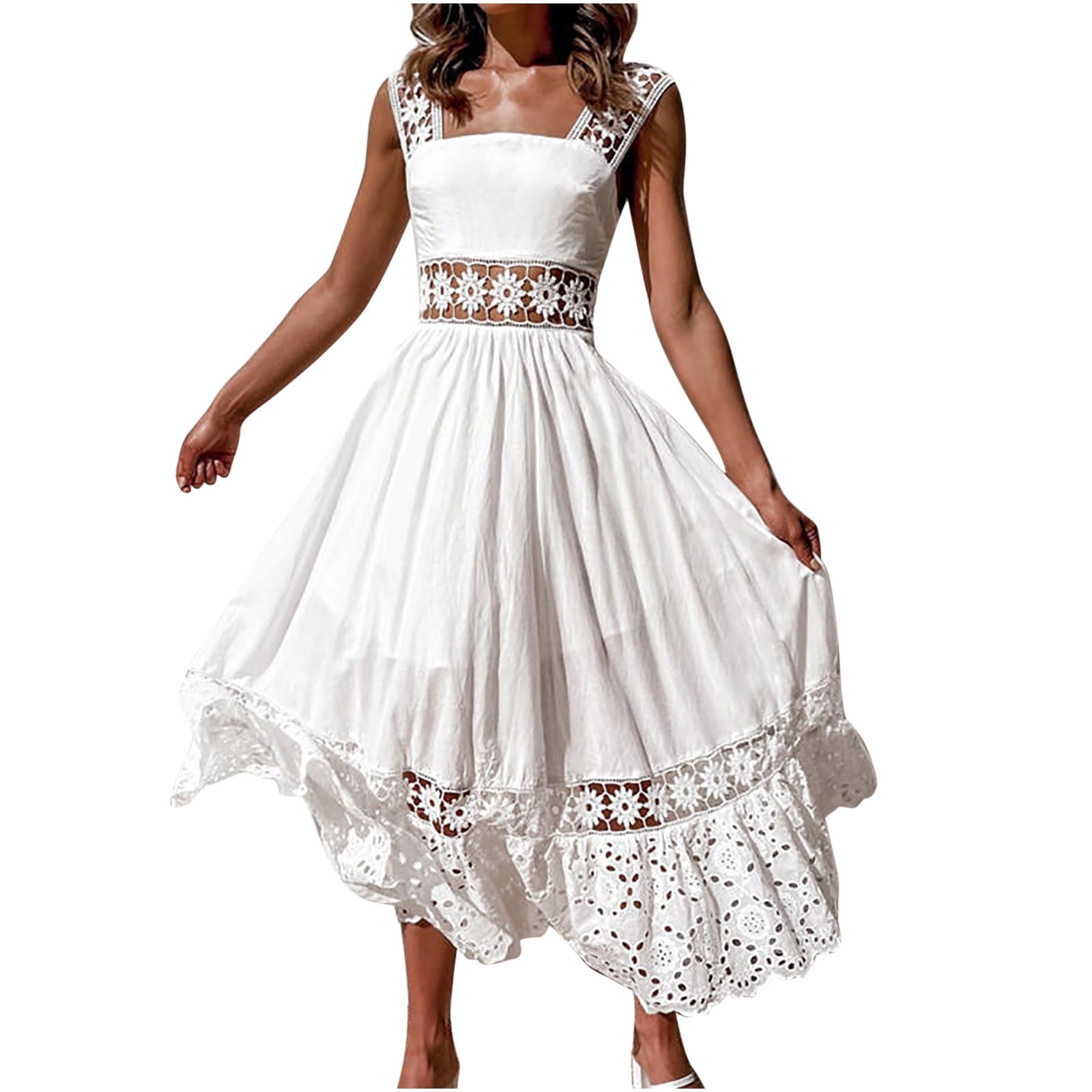 White Summer Dresses for Women Square Neck Lace Boho Dress Sleeveless A ...