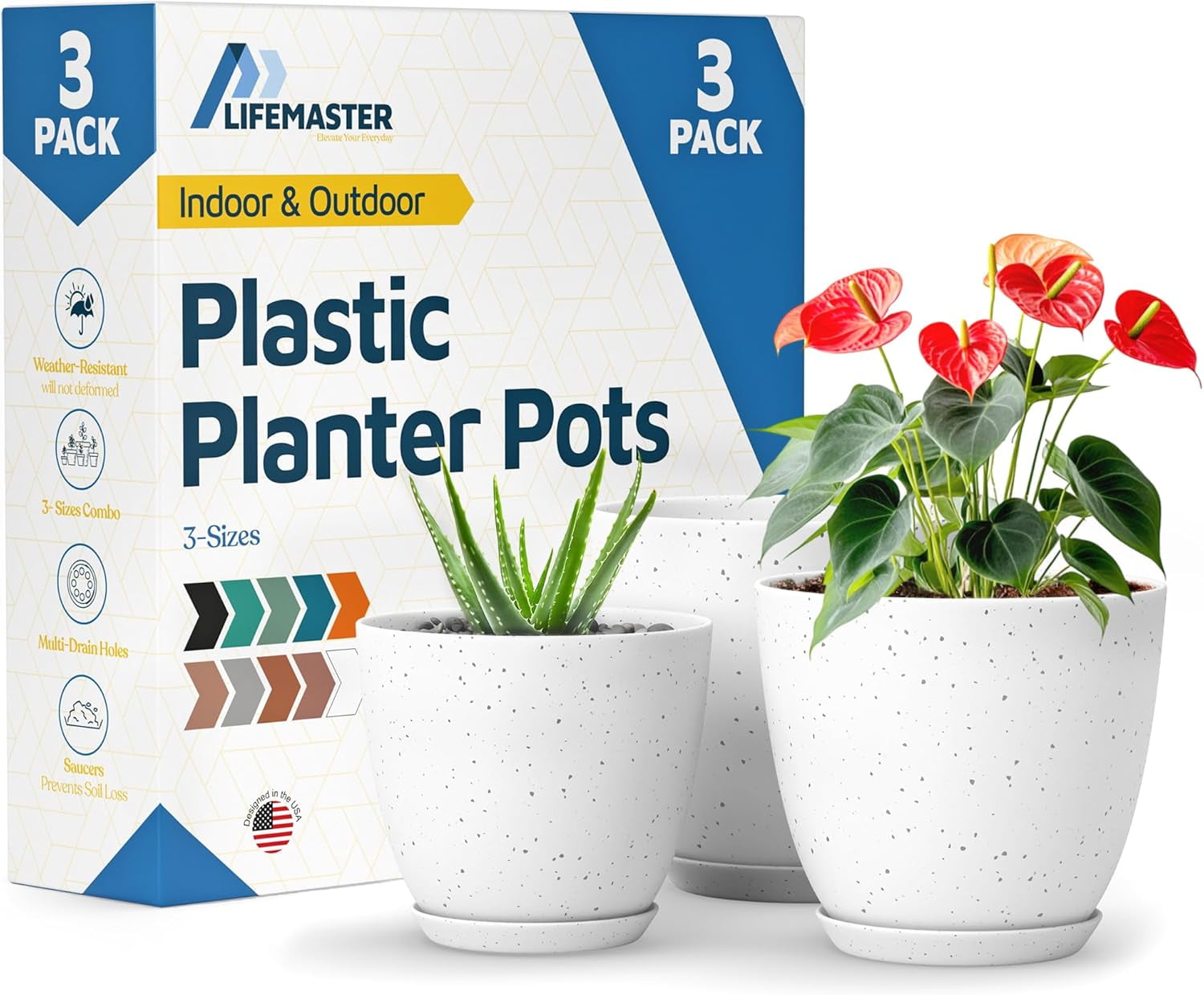 White+Surface Gray Plant Pots with Drainage Holes & Saucers 3 Packs ...