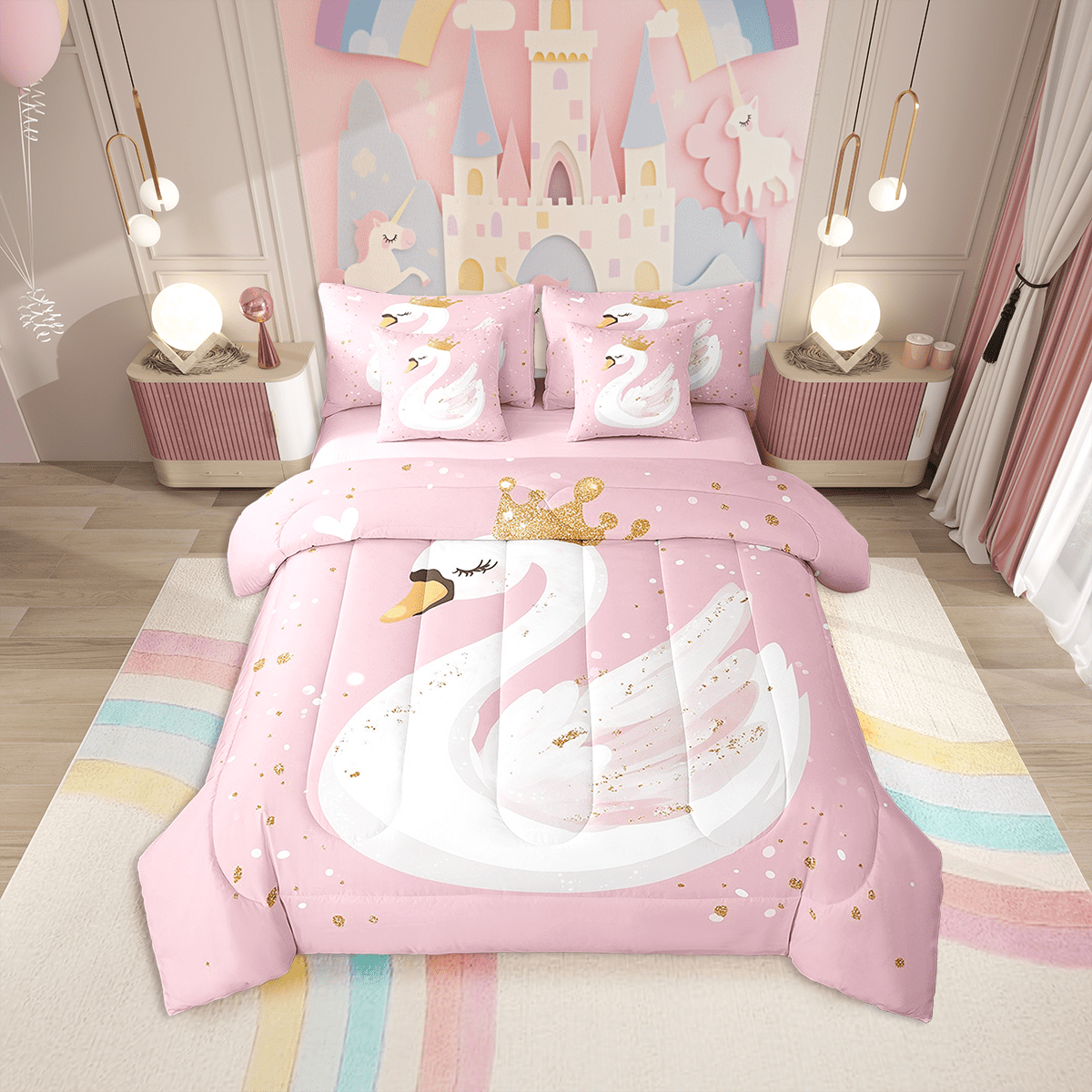 White Swan 7 Piece Comforter Set Full Bed In A Bag,Pink Cartoon Bedding ...