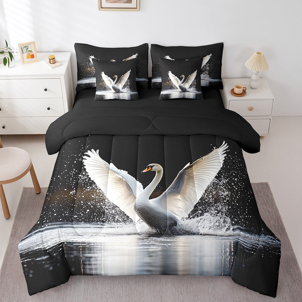 White Swan Bed in a Bag King Size Comforter Set 7 Pieces,Black Swan ...