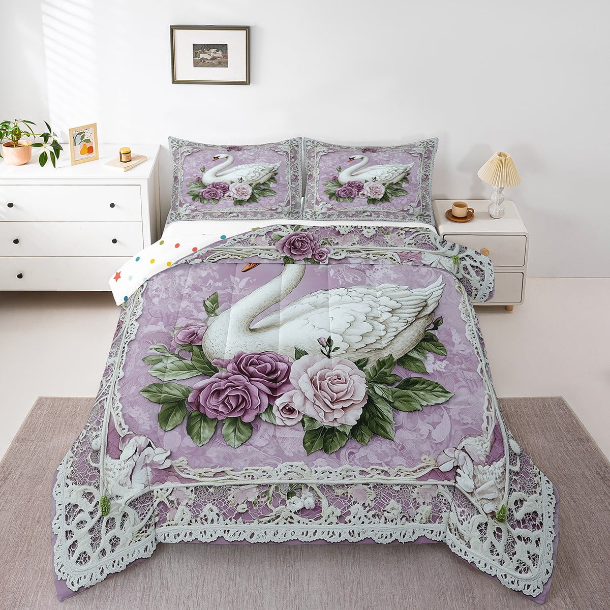 White Swan Comforter Set,Vintage Roses Flowers Animal Romantic ...