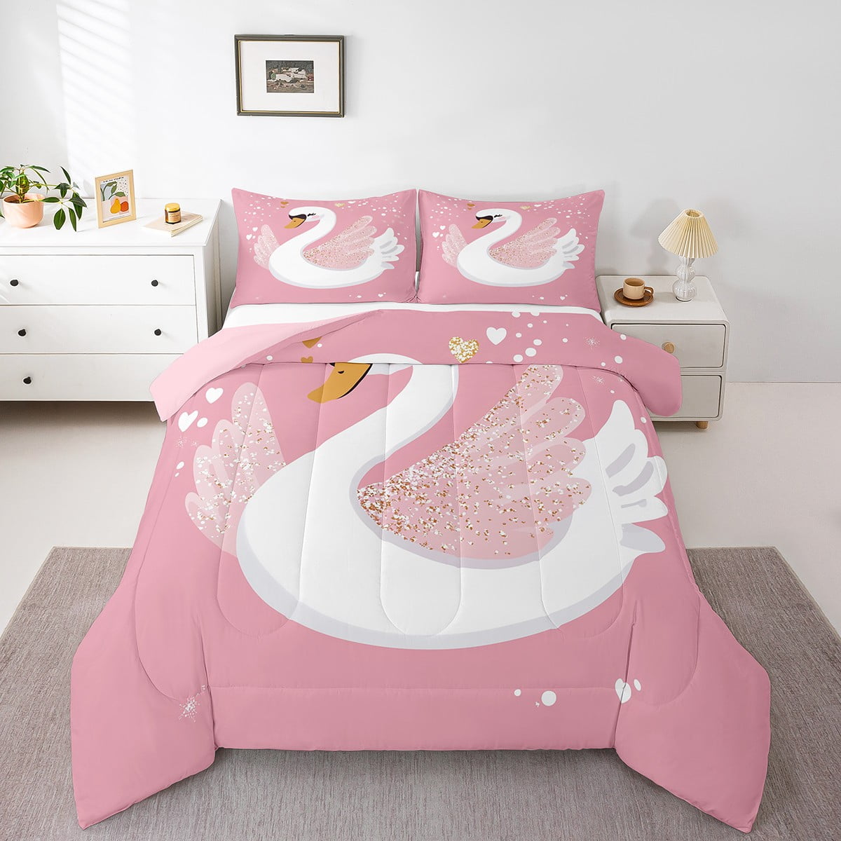 White Swan Comforter Sets Princess Pink Bed Set,Cute Animal Twin ...